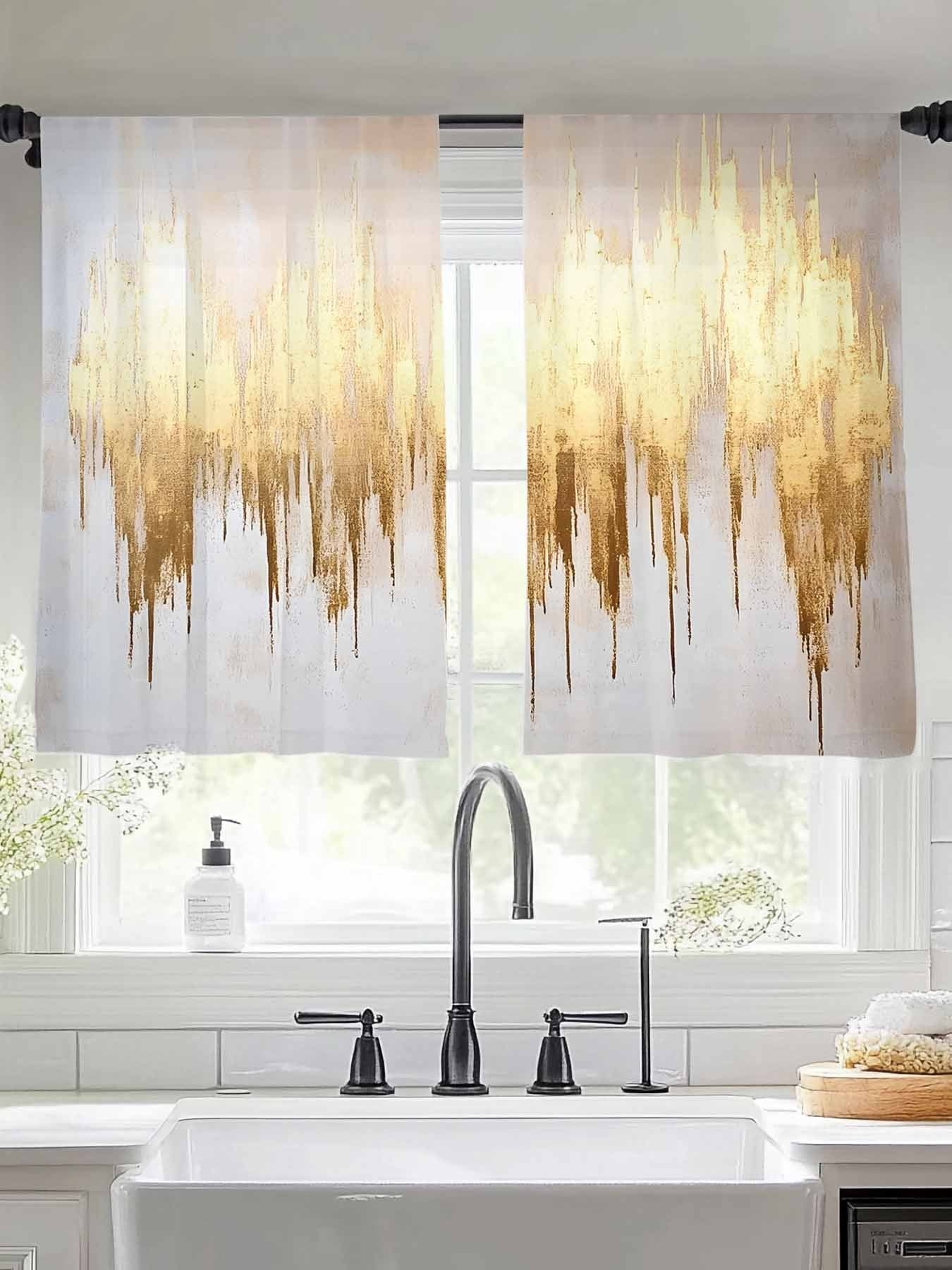 Abstract Art Sheer Curtains 54 Inches Long 2 Panels Gold Color Block ...