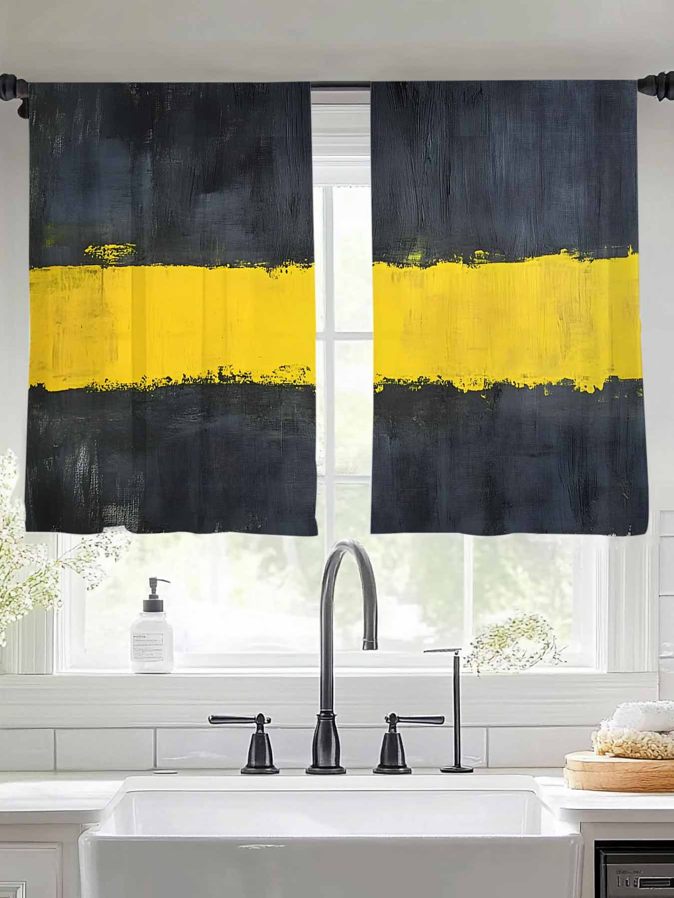 Abstract Art Sheer Curtains 54 Inches Long 2 Panels Simple Theme Black ...