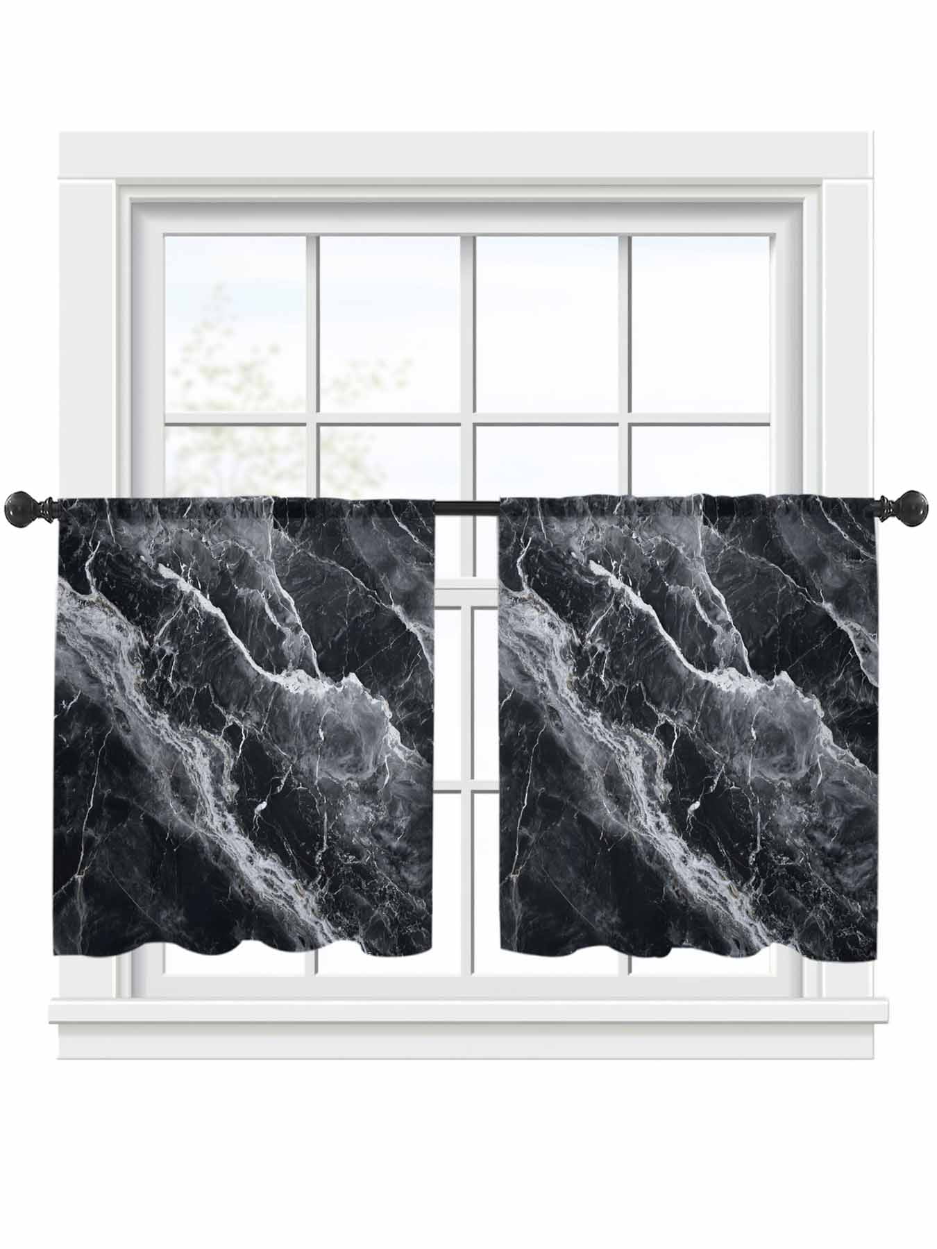 Abstract Art Sheer Curtains 54 inches Long, Dark Gray Marble Texture ...
