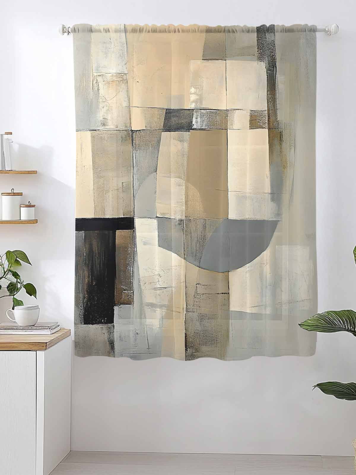 Abstract Art Sheer Curtains 63 Inch Long 1 Panel Beige Brown Blocks ...