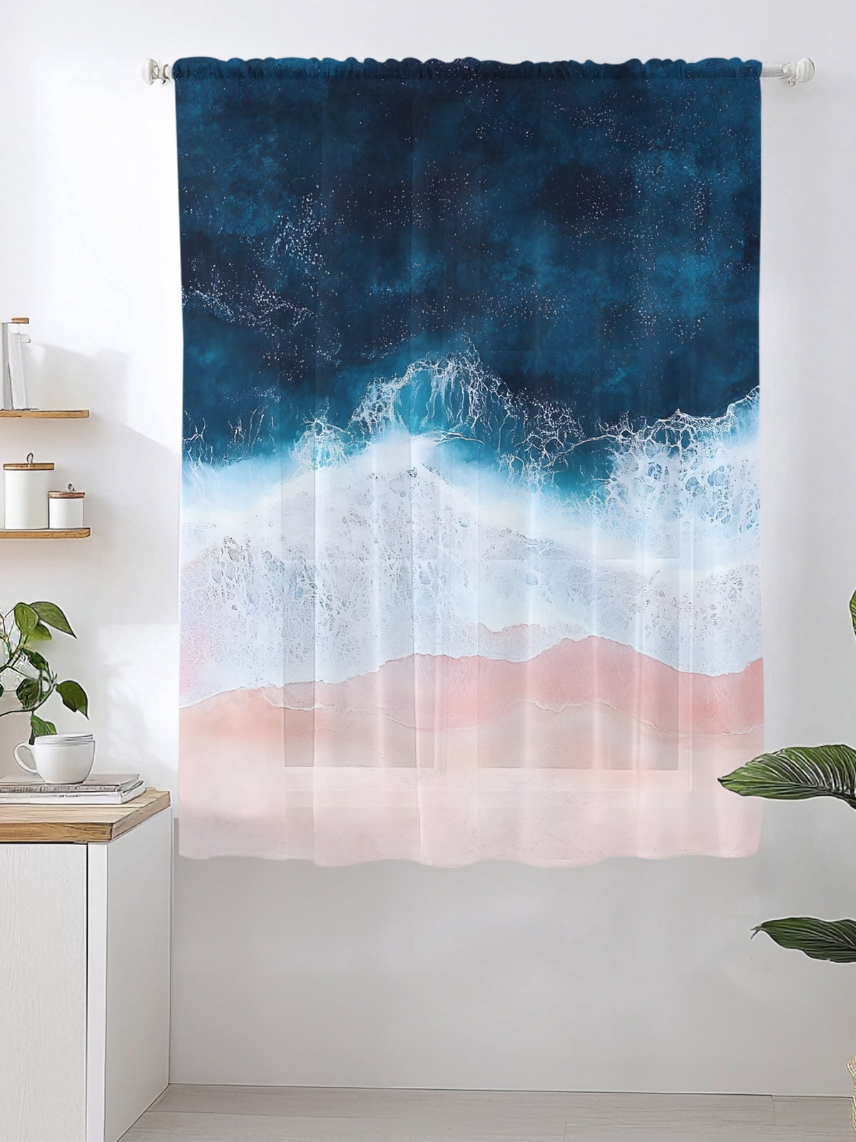 Abstract Art Sheer Curtains 63 Inch Long 1 Panel Deep Blue Sea Beach ...