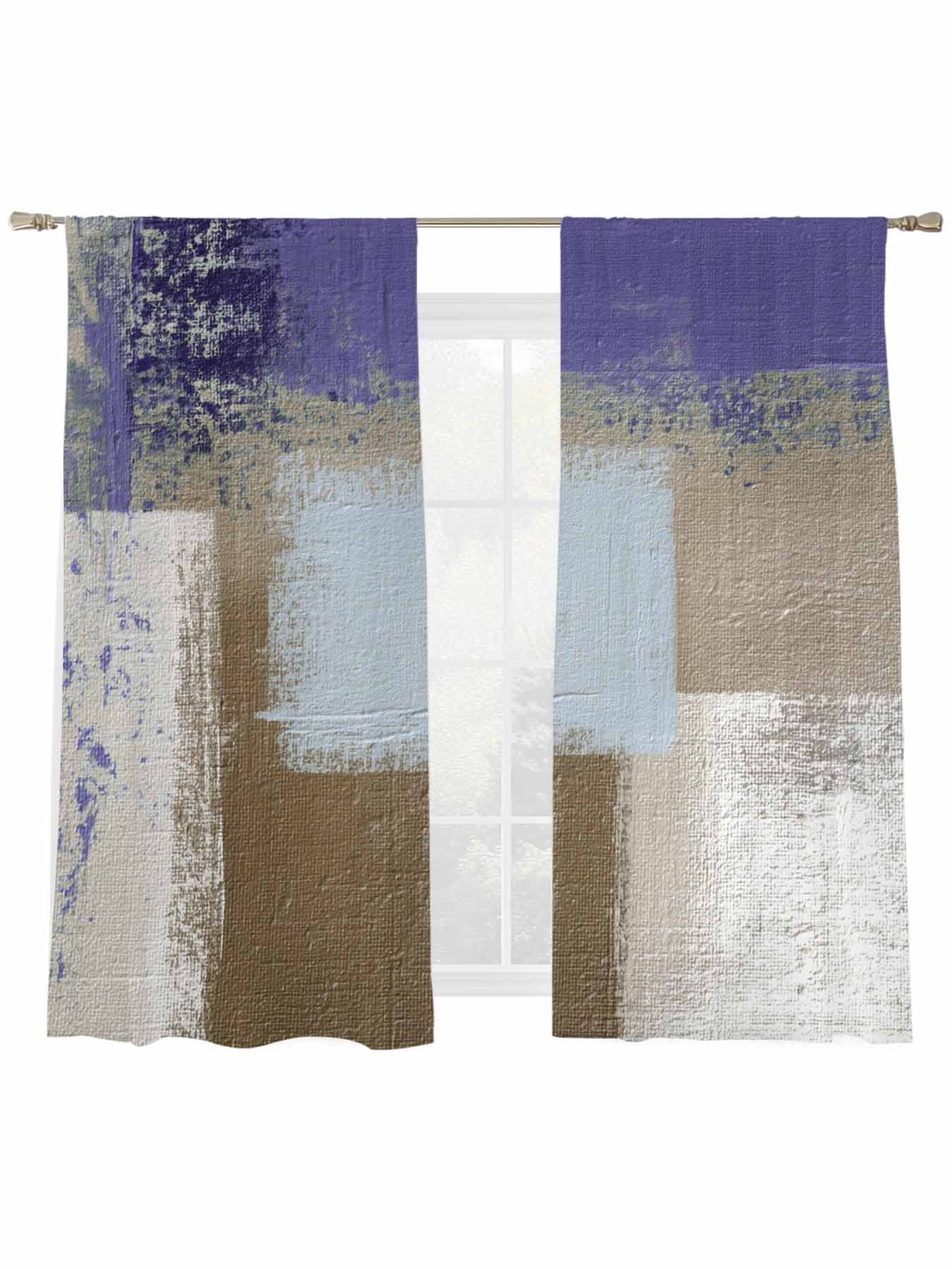Abstract Art Sheer Curtains 63 Inch Long 2 Panels, Blue Brown Vintage ...