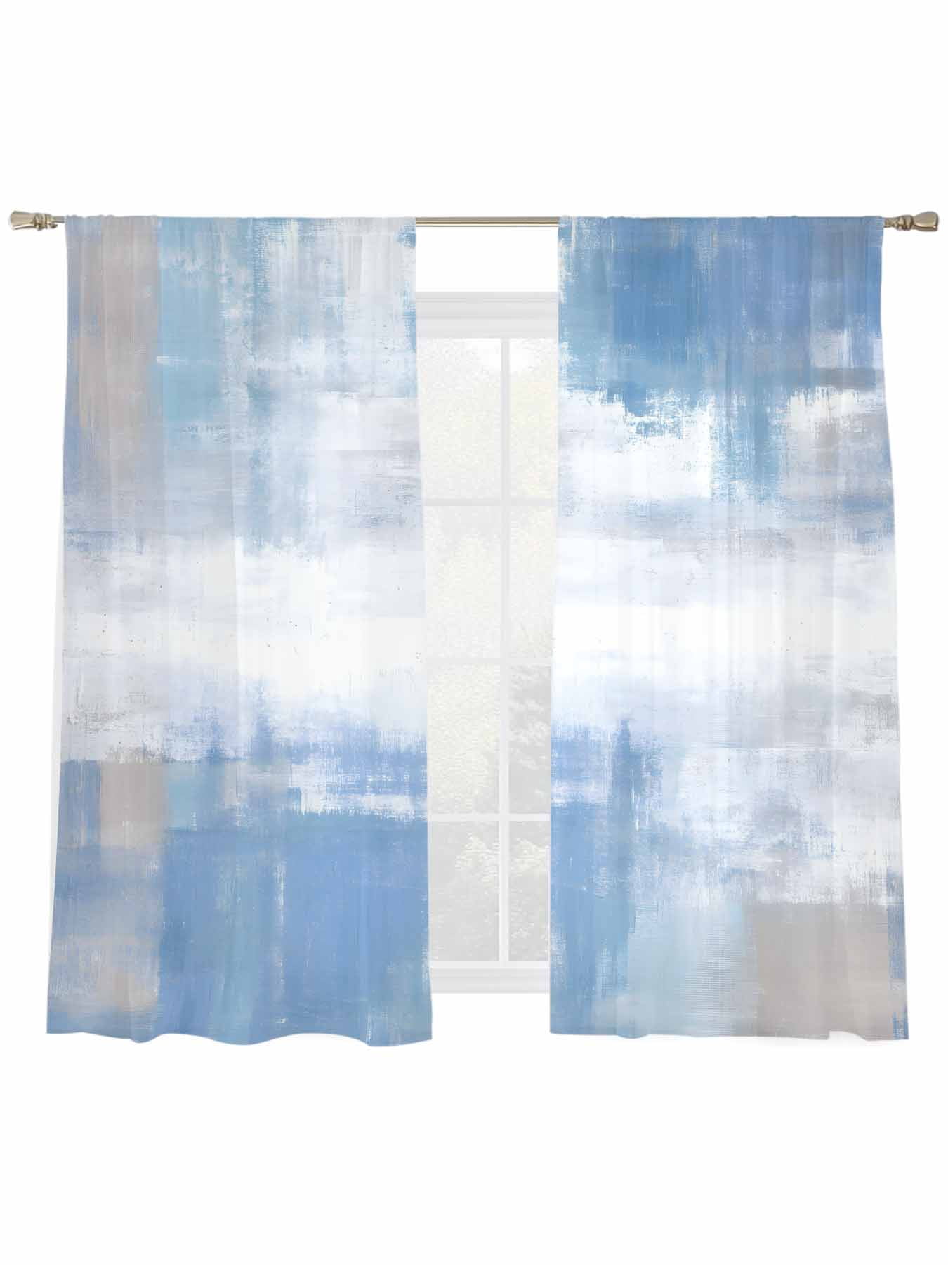 Abstract Art Sheer Curtains 63 Inch Long 2 Panels, Blue White Brown ...