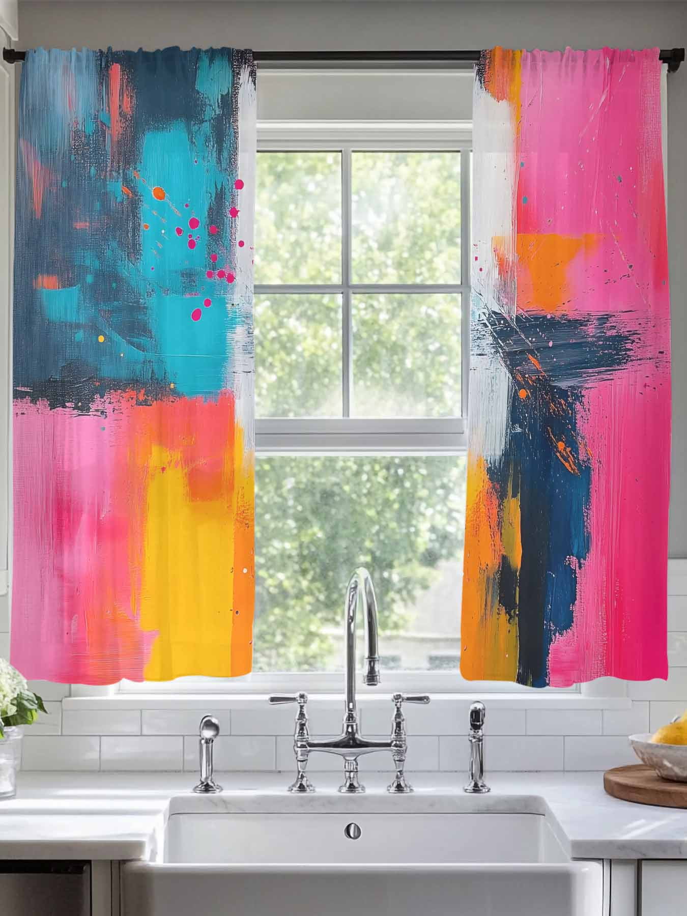 Abstract Art Sheer Curtains 63 Inches Long 2 Panels Blue Pink Yellow ...