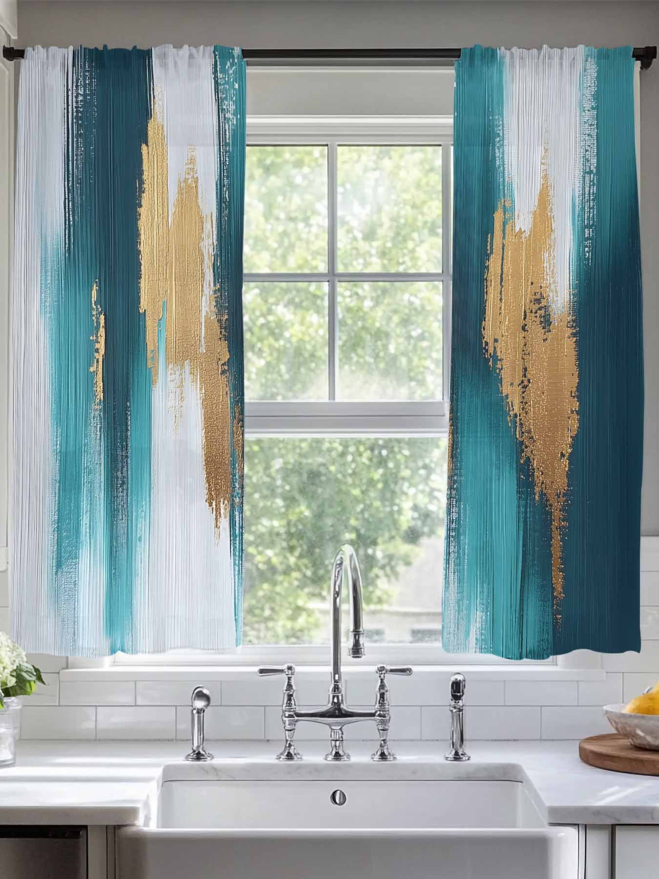 Abstract Art Sheer Curtains 63 Inches Long 2 Panels Gold Green Mottled ...