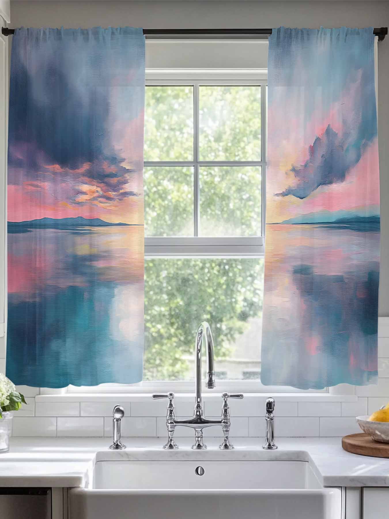 Abstract Art Sheer Curtains 63 Inches Long 2 Panels Impressionist Ocean ...