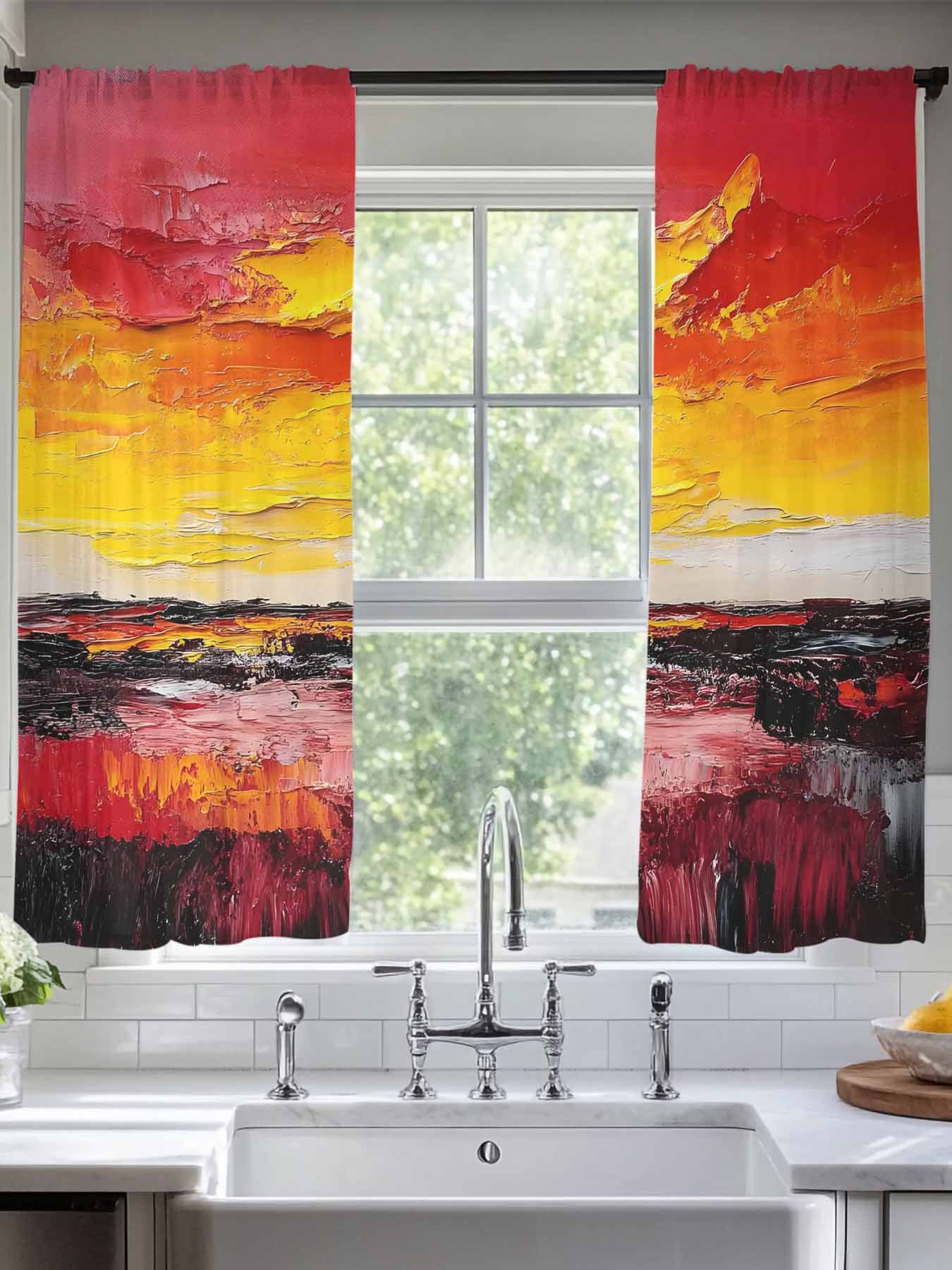 Abstract Art Sheer Curtains 63 Inches Long 2 Panels Red Black Color ...