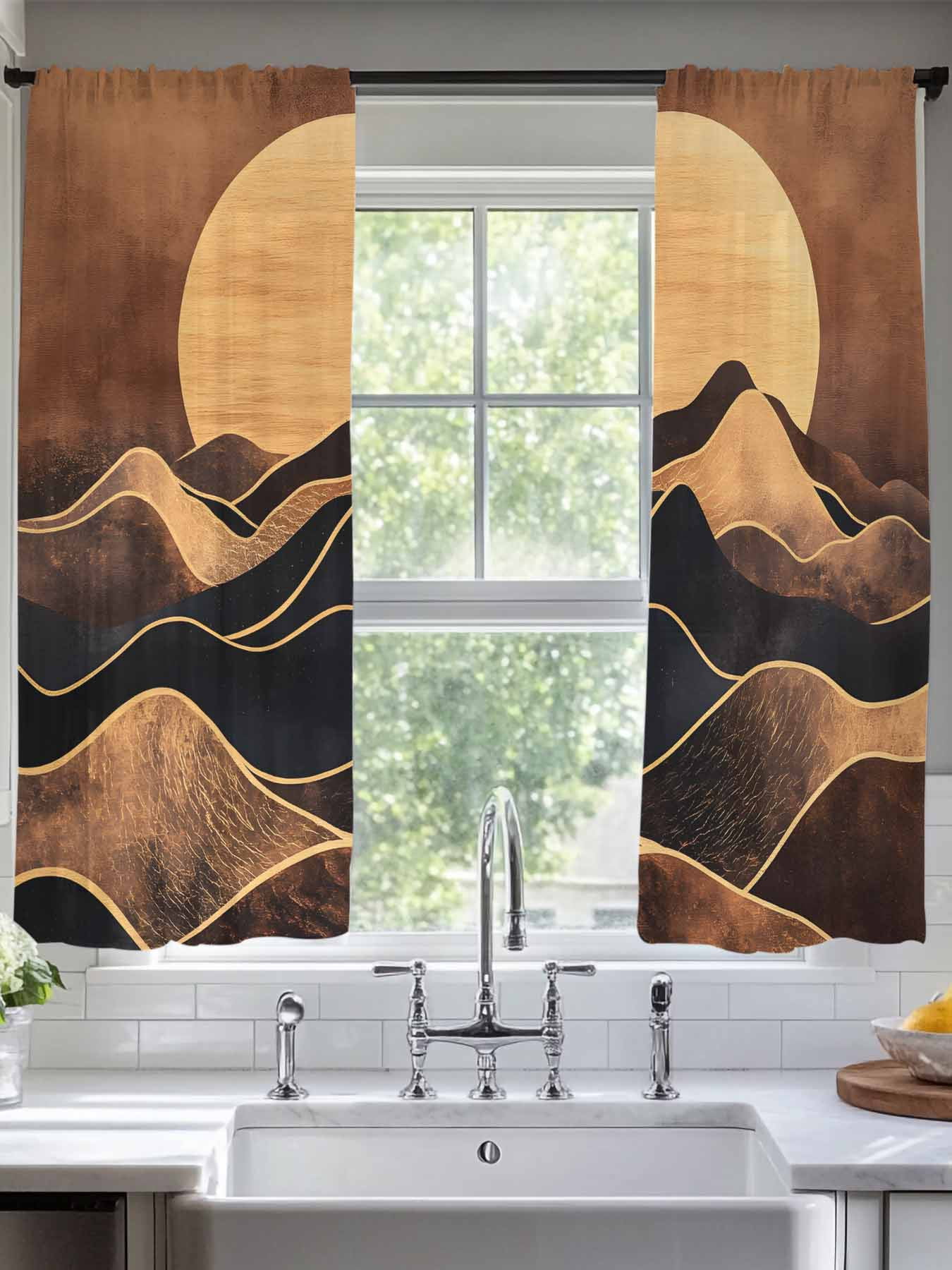 Abstract Art Sheer Curtains 63 Inches Long 2 Panels Yellow Black Night ...