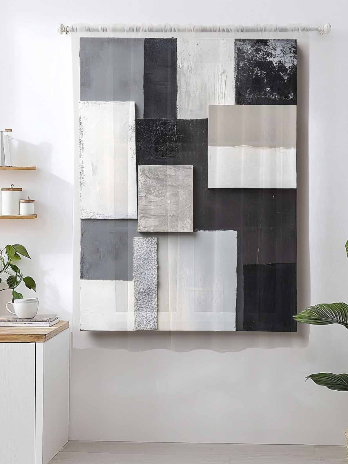 Abstract Art Sheer Curtains 72 Inch Long 1 Panel Black White Blocks ...