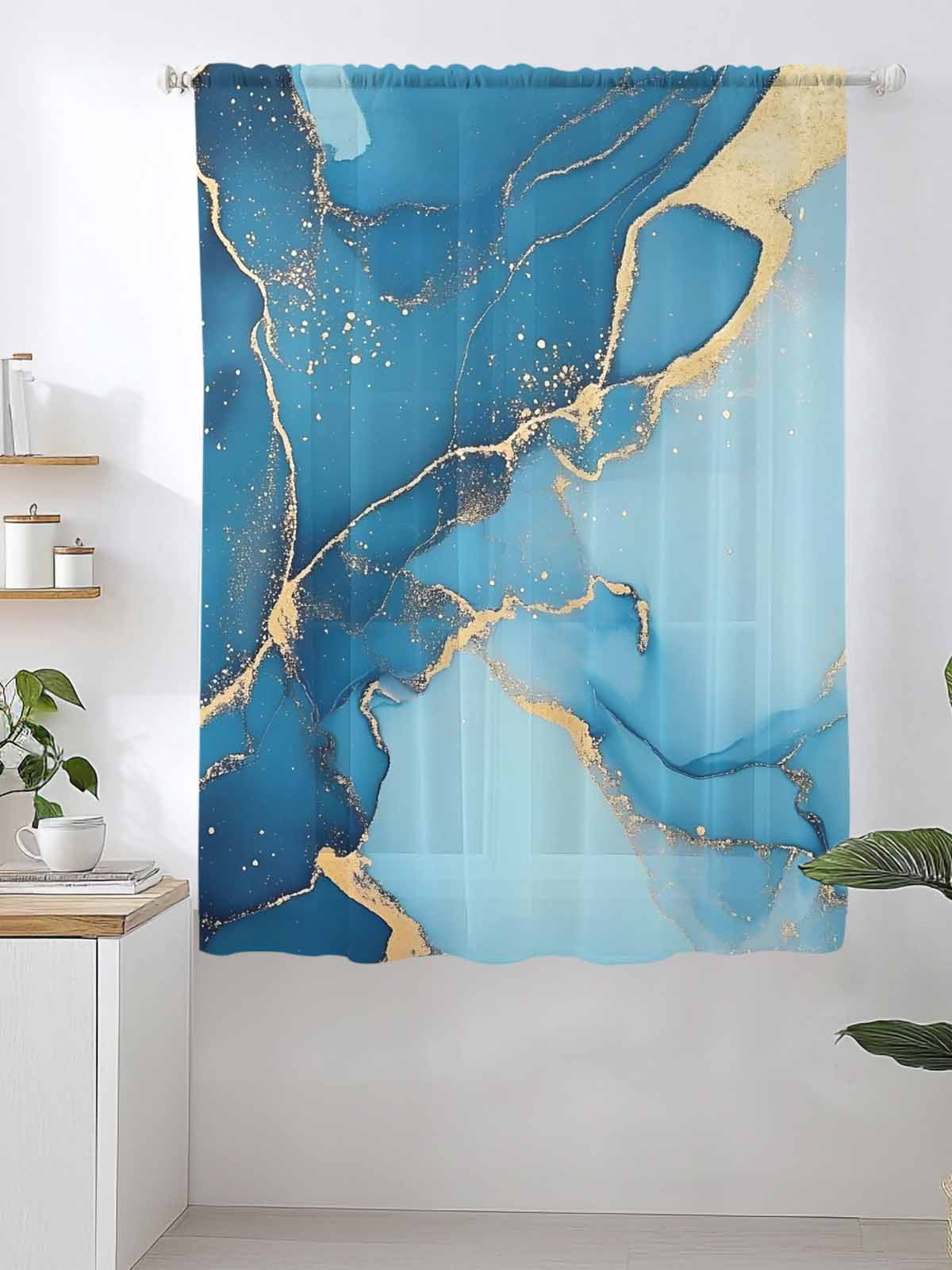 Abstract Art Sheer Curtains 72 Inch Long 1 Panel Teal Blue Marble Stone ...