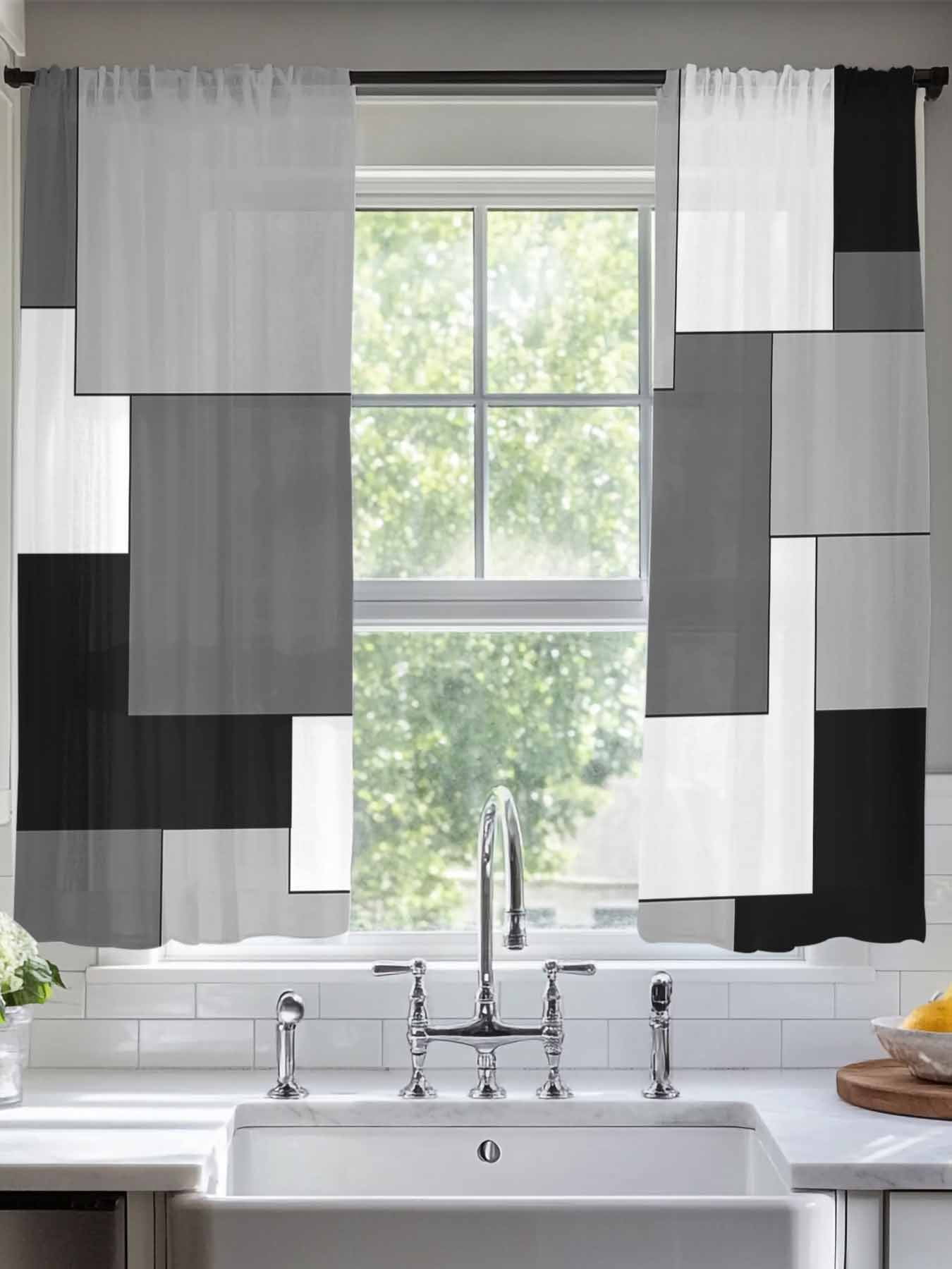 Abstract Art Sheer Curtains 72 inches Long, White Black Gray Splice ...