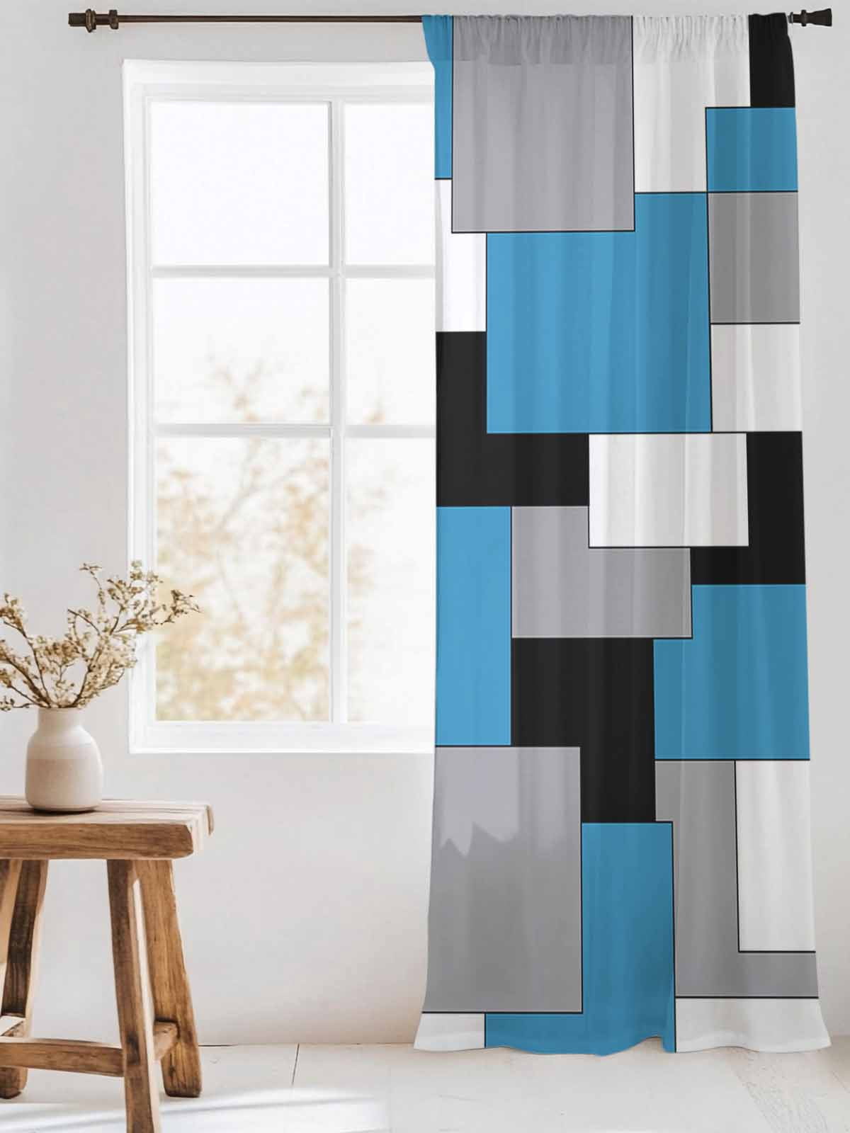 Abstract Art Sheer Curtains 84 Inch Long 1 Panel Patchwork Purple Blue ...