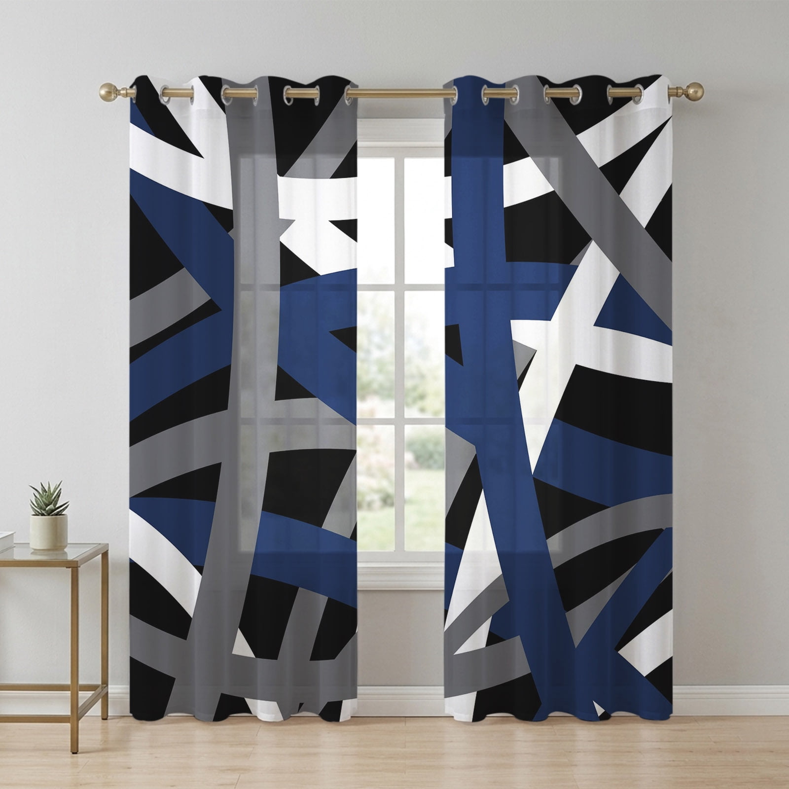 Abstract Art Sheer Curtains 84 Inch Long 2 Panels, Blue White Black ...