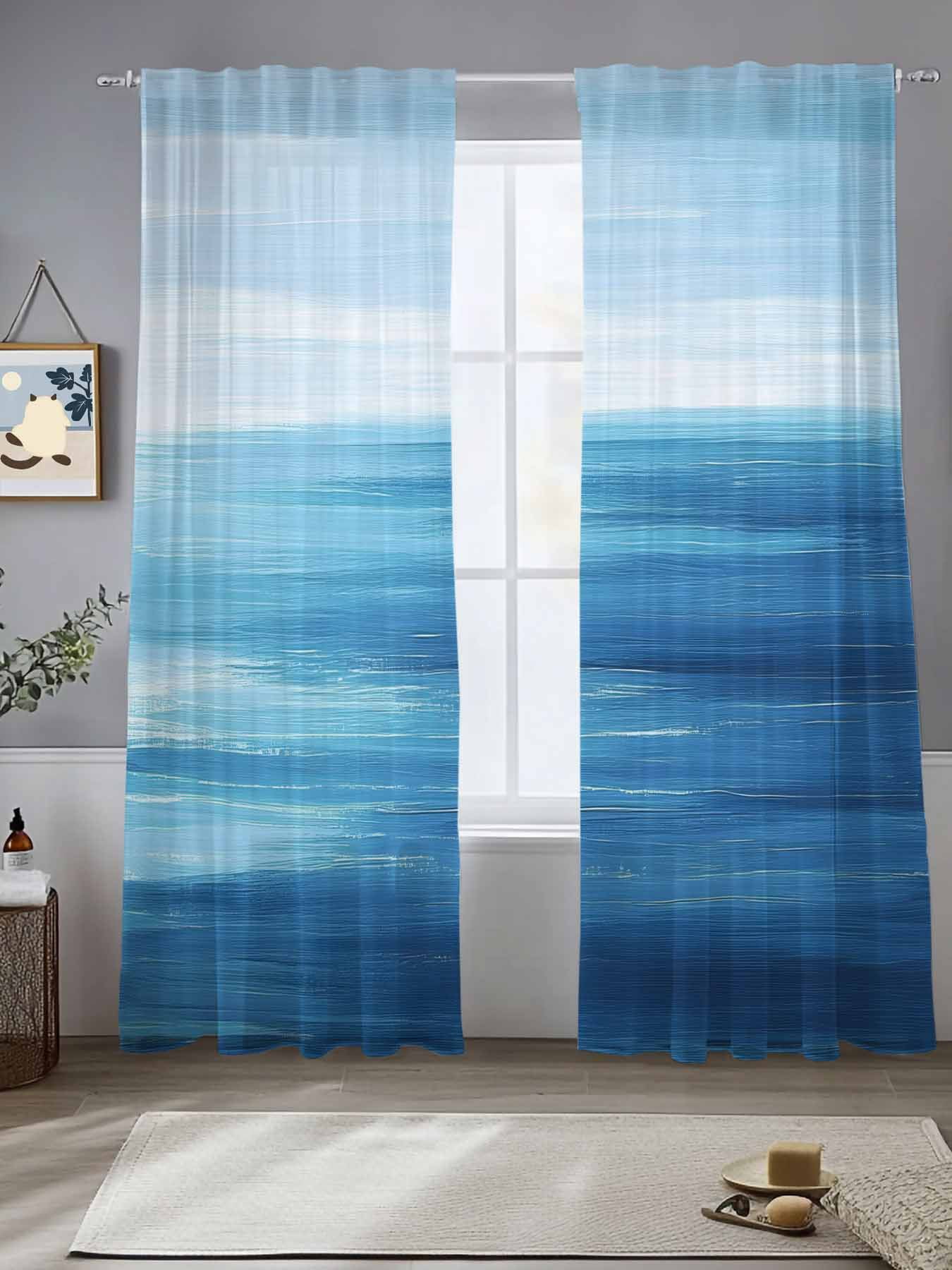 Abstract Art Sheer Curtains 84 Inches Long 2 Panels Blue Gradient Ocean ...