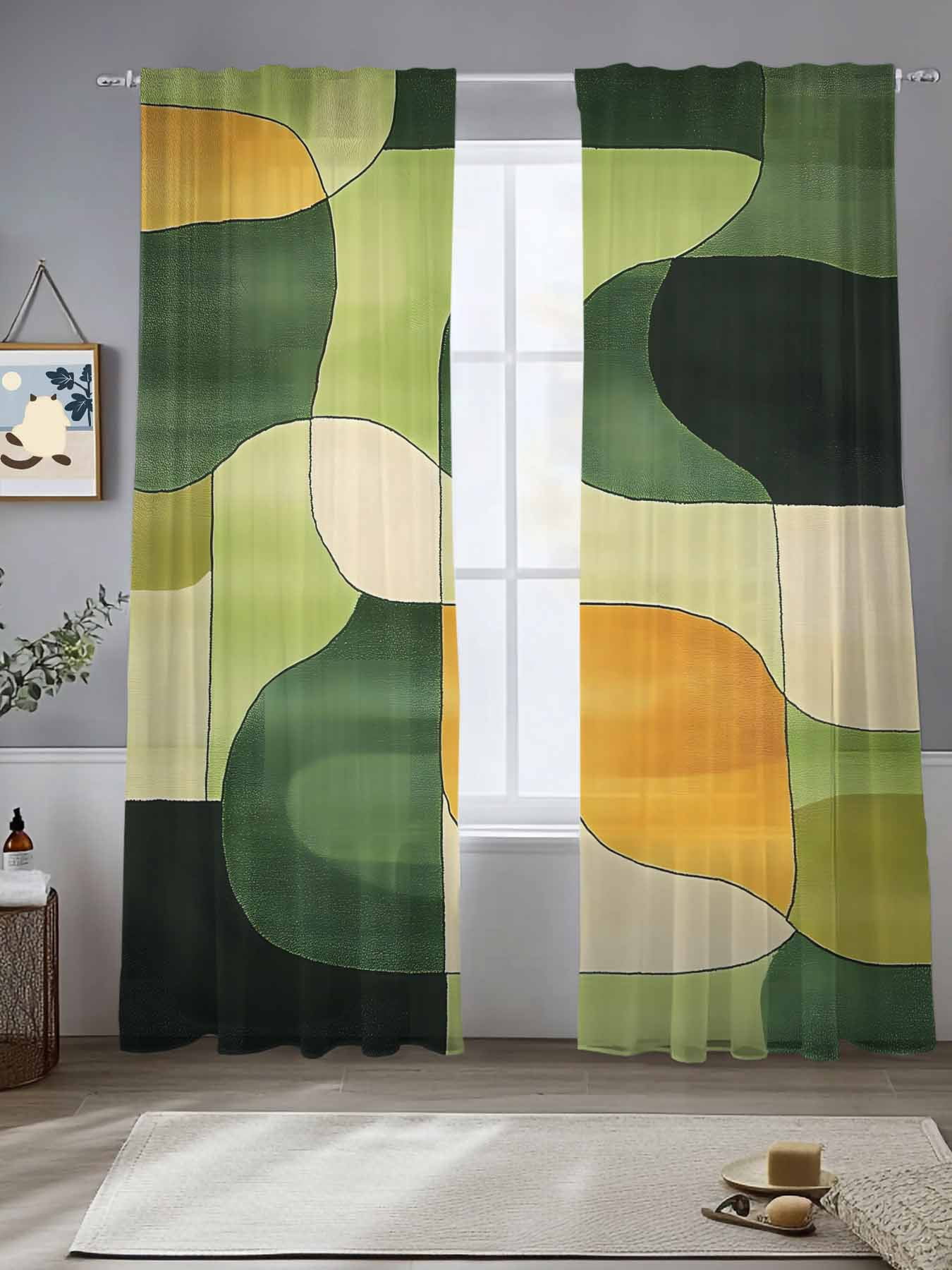 Abstract Art Sheer Curtains 84 Inches Long 2 Panels Green Geometric ...