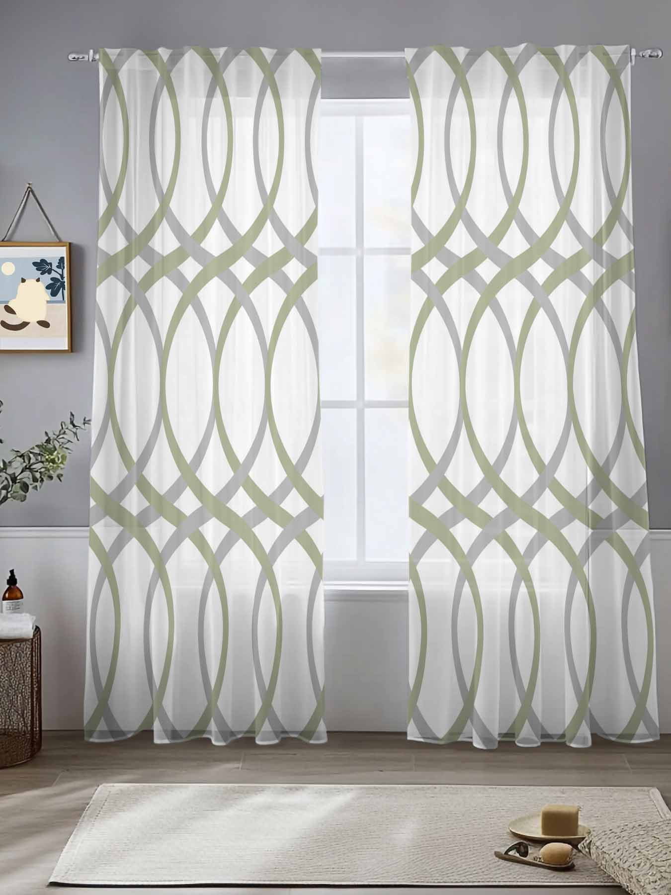 Abstract Art Sheer Curtains 84 Inches Long 2 Panels Green Grey Twisted ...