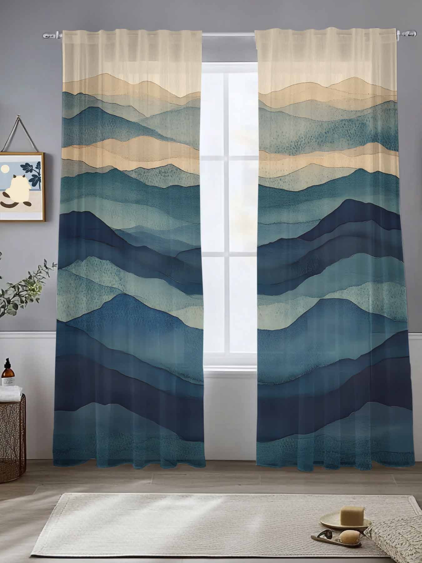 Abstract Art Sheer Curtains 84 Inches Long 2 Panels Modern Yellow Green ...