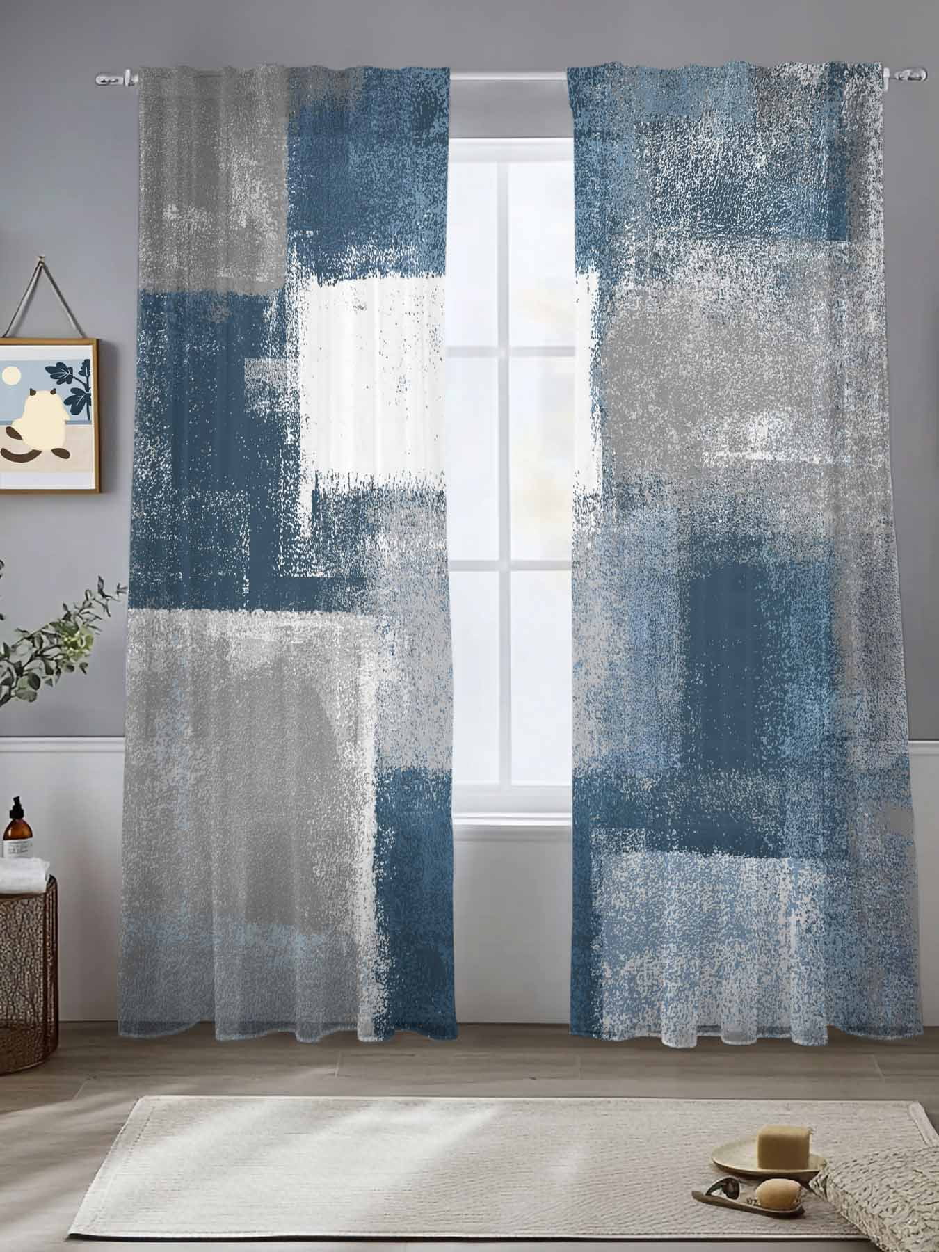 Abstract Art Sheer Curtains 84 Inches Long 2 Panels Navy Grey Smear ...