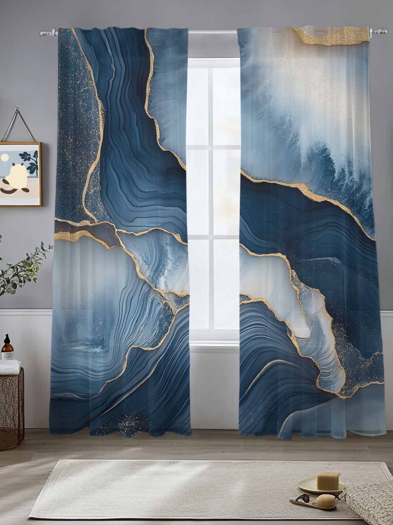 Abstract Art Sheer Curtains 84 Inches Long 2 Panels Simple Style Blue ...