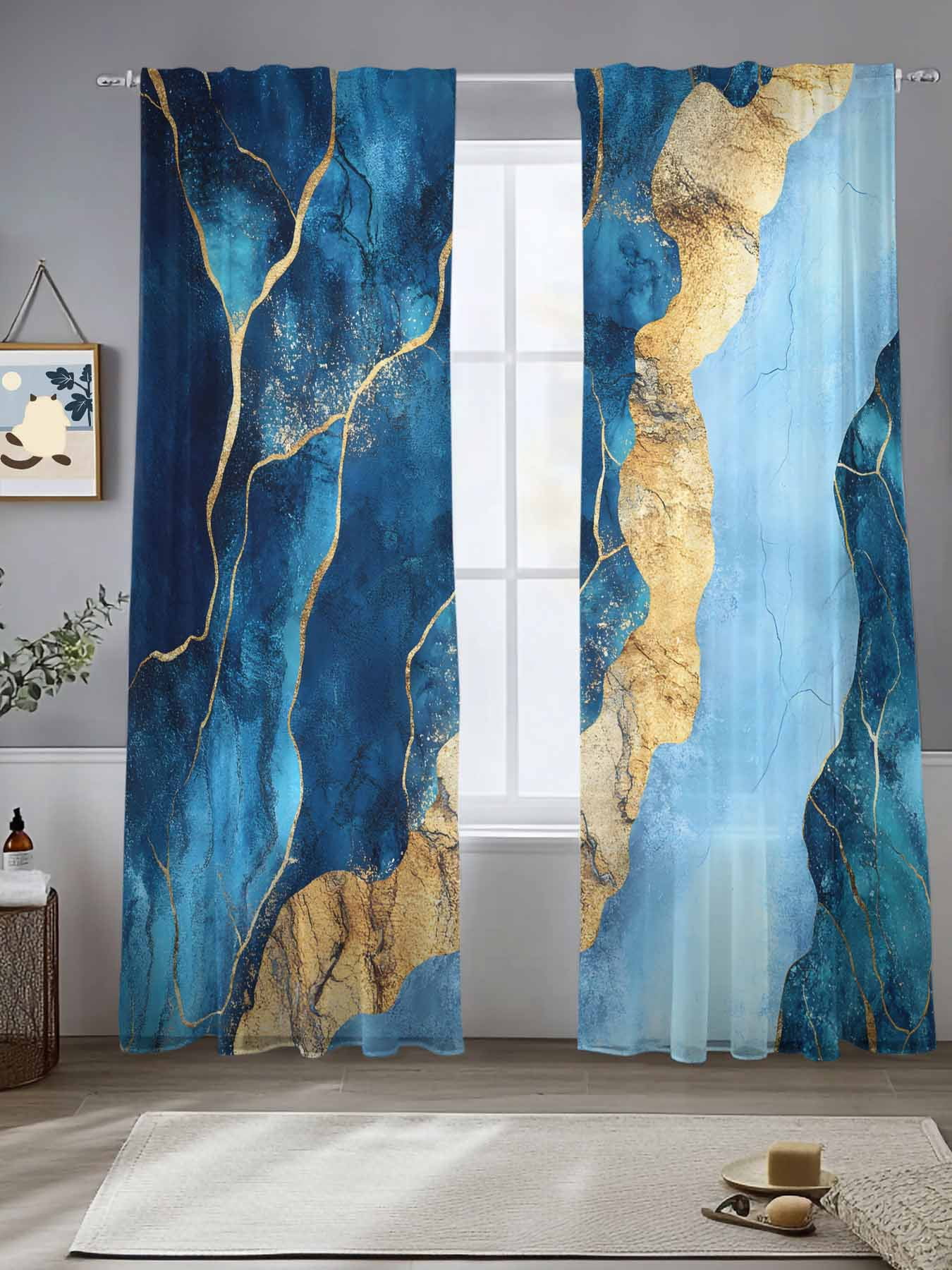 Abstract Art Sheer Curtains 84 Inches Long 2 Panels Water Ripple Blue ...