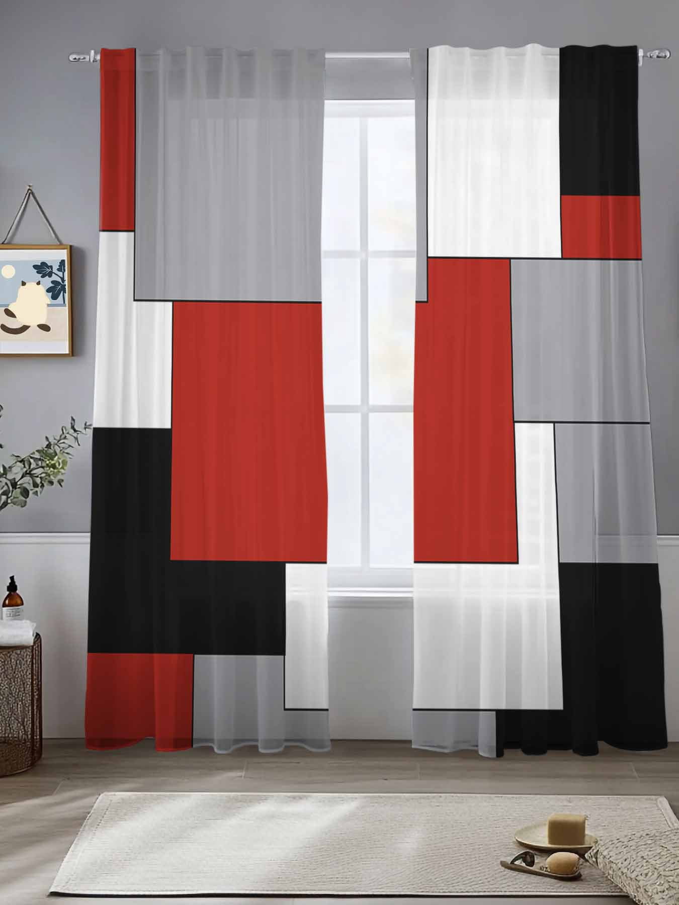 Abstract Art Sheer Curtains 84 inches Long, Patchwork Red Black and ...