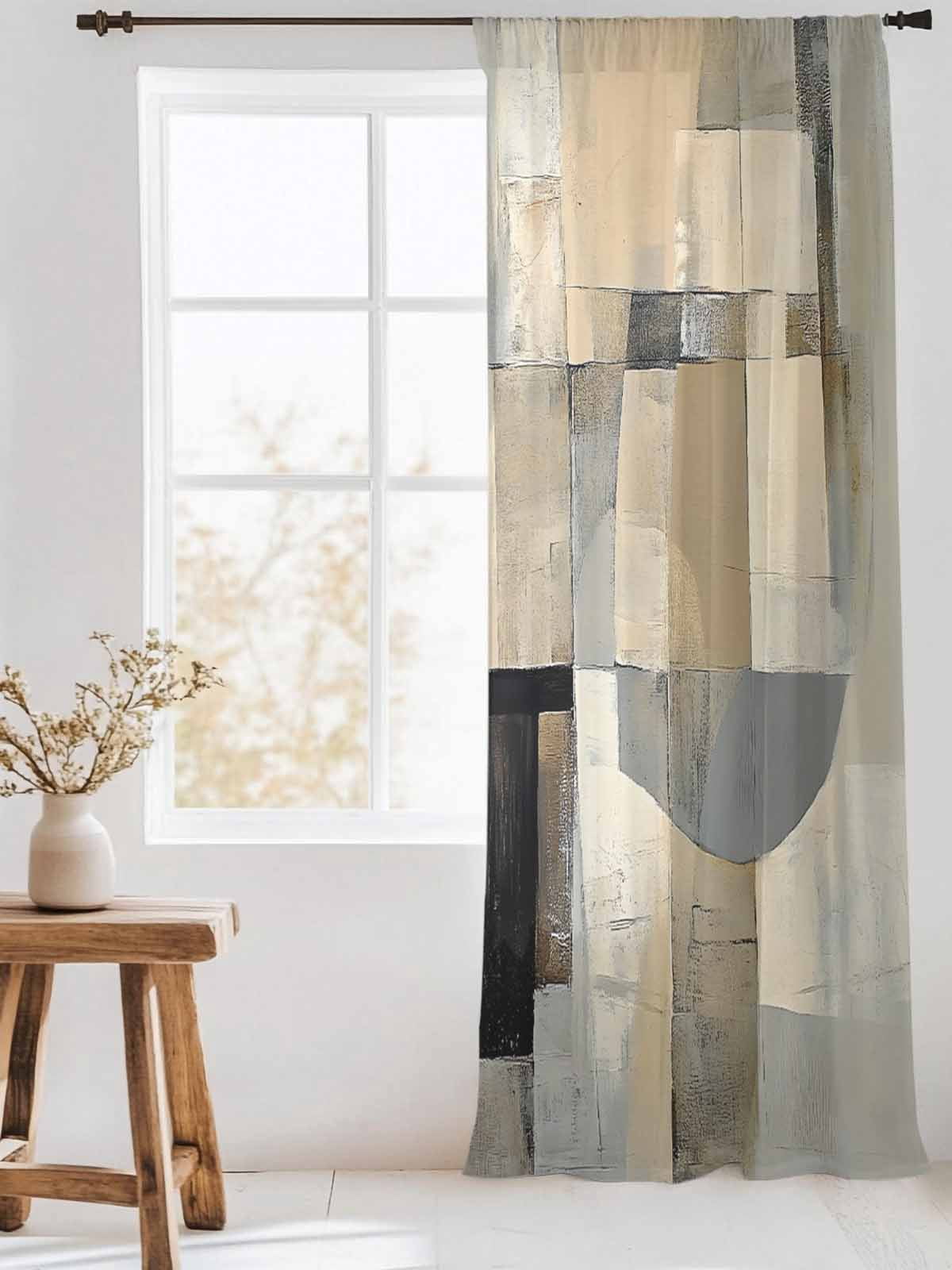 Abstract Art Sheer Curtains 96 Inch Long 1 Panel Beige Brown Blocks ...