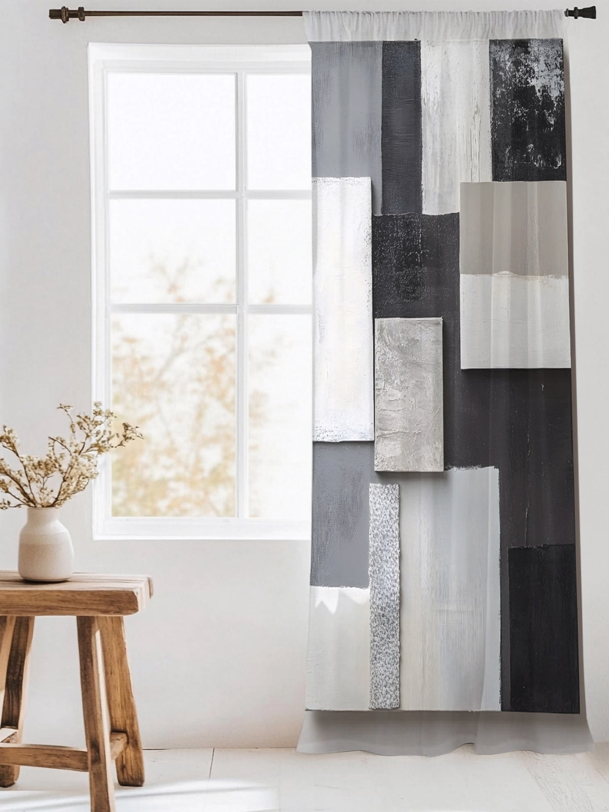 Abstract Art Sheer Curtains 96 Inch Long 1 Panel Black White Blocks ...