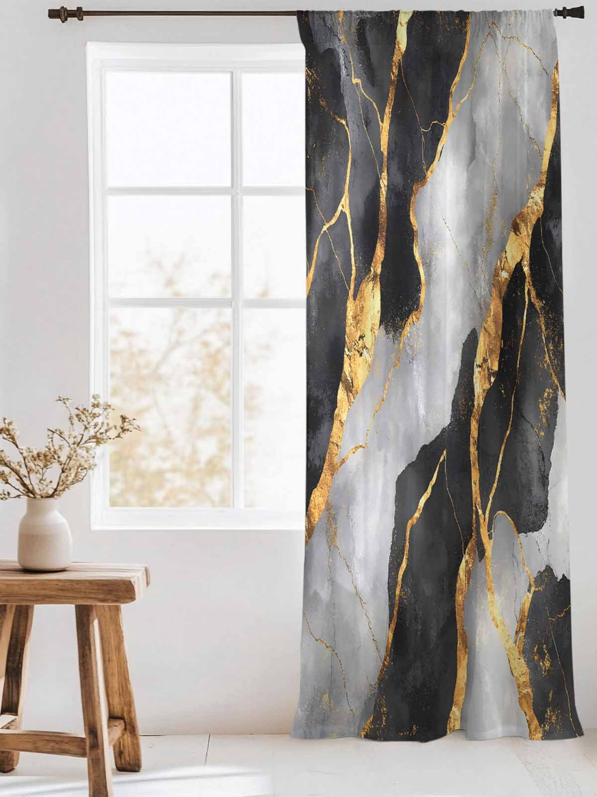 Abstract Art Sheer Curtains 96 Inch Long 1 Panel Gold Black Gradient ...