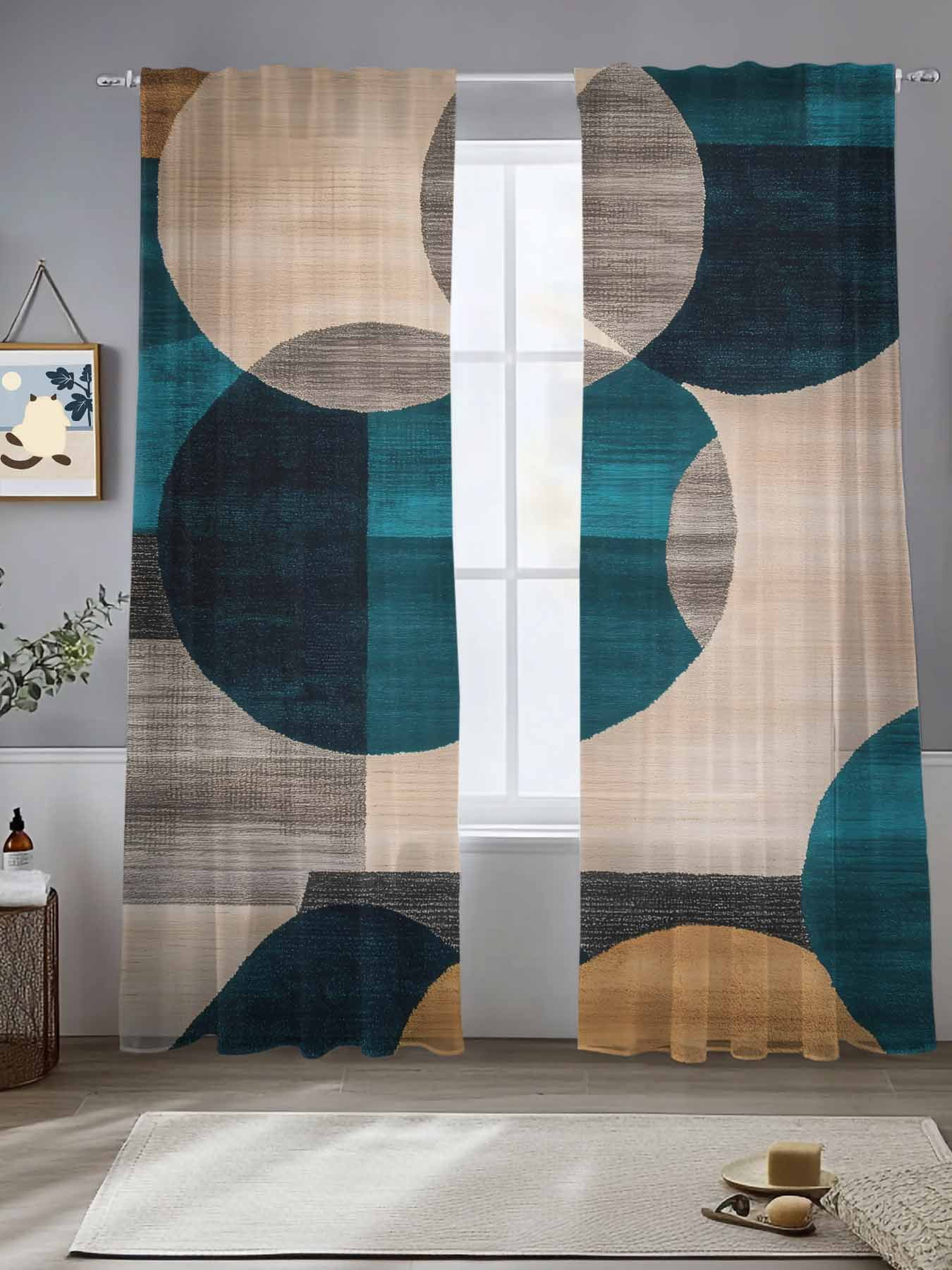Abstract Art Sheer Curtains 96 Inches Long 2 Panels Beige Blue Color ...