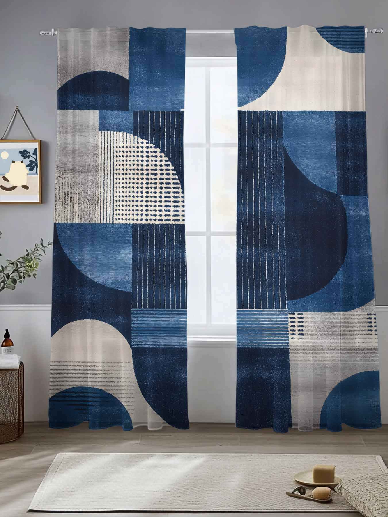 Abstract Art Sheer Curtains 96 Inches Long 2 Panels Blue Gray Circular ...