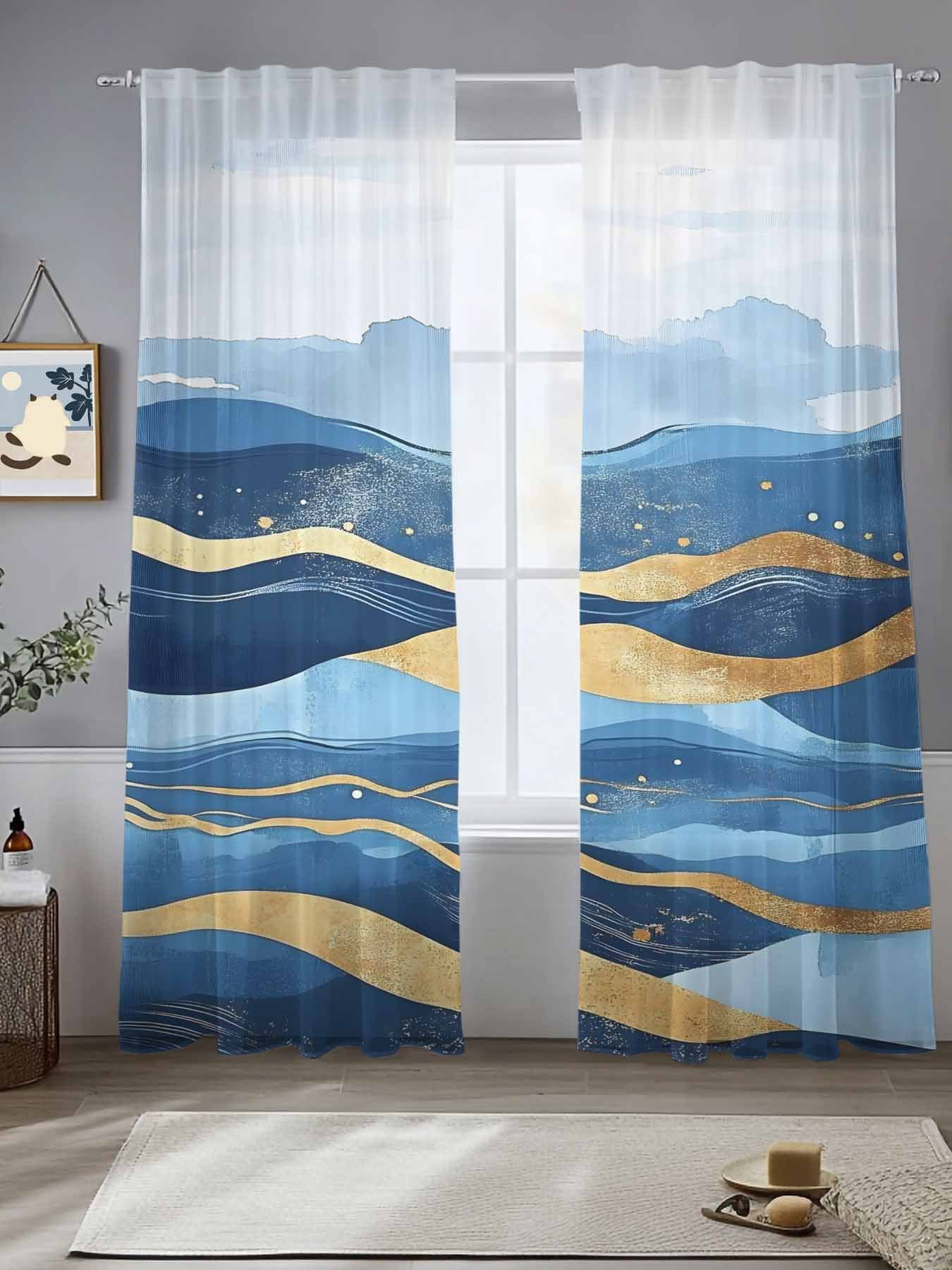 Abstract Art Sheer Curtains 96 Inches Long 2 Panels Blue Wave Effects ...