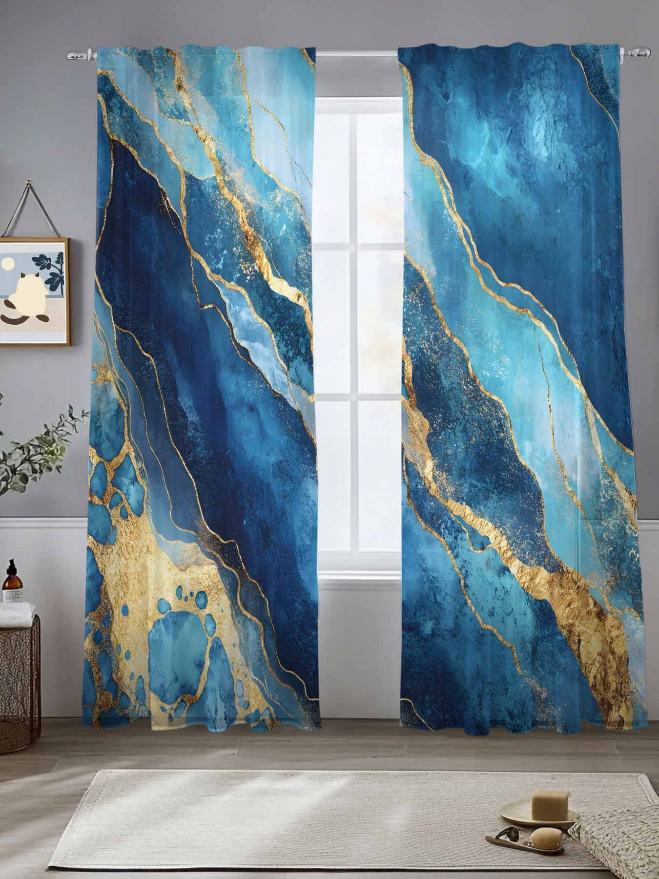 Abstract Art Sheer Curtains 96 Inches Long 2 Panels Gold Blue Water ...