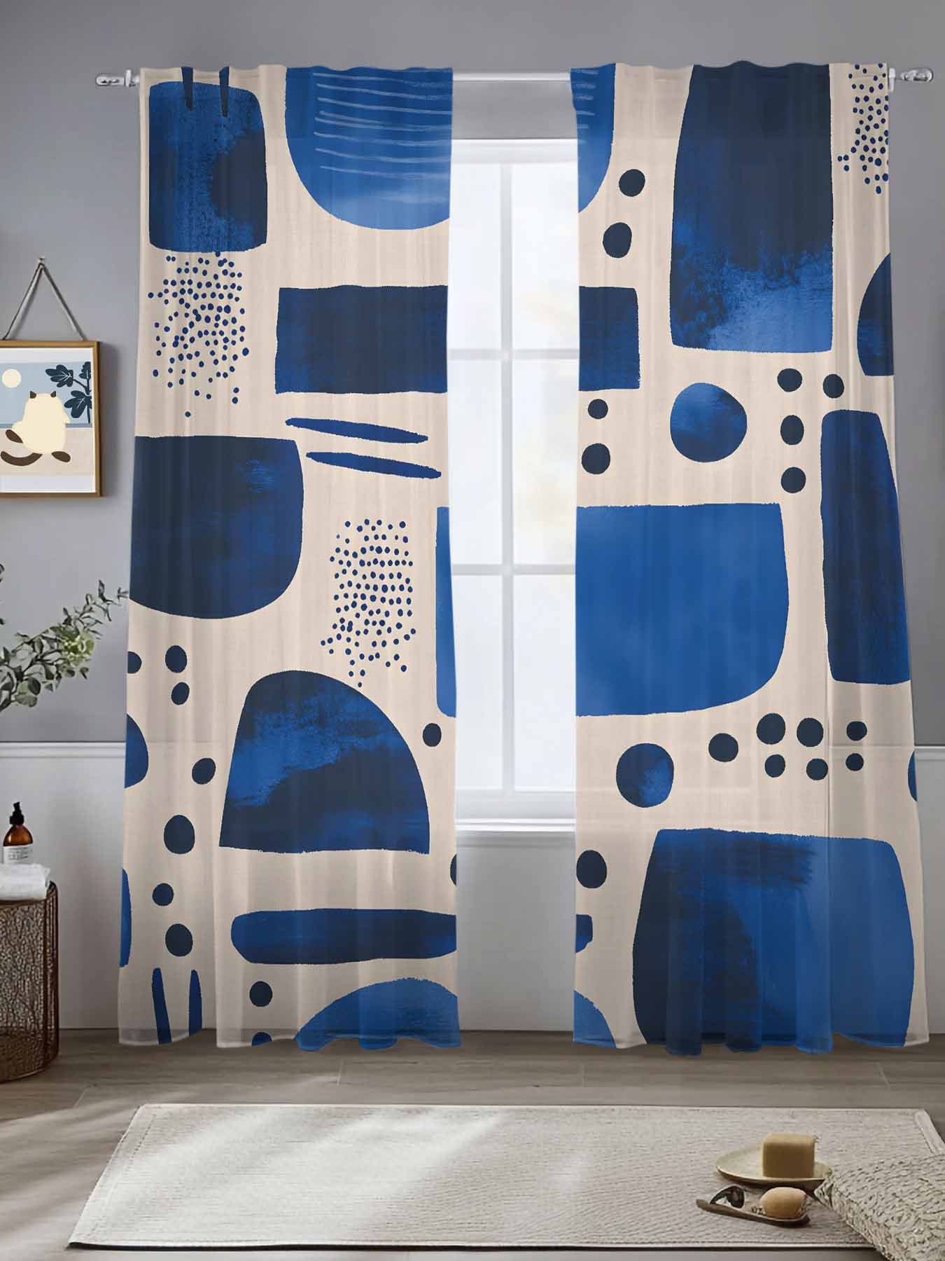 Abstract Art Sheer Curtains 96 Inches Long 2 Panels Minimalist Blue ...