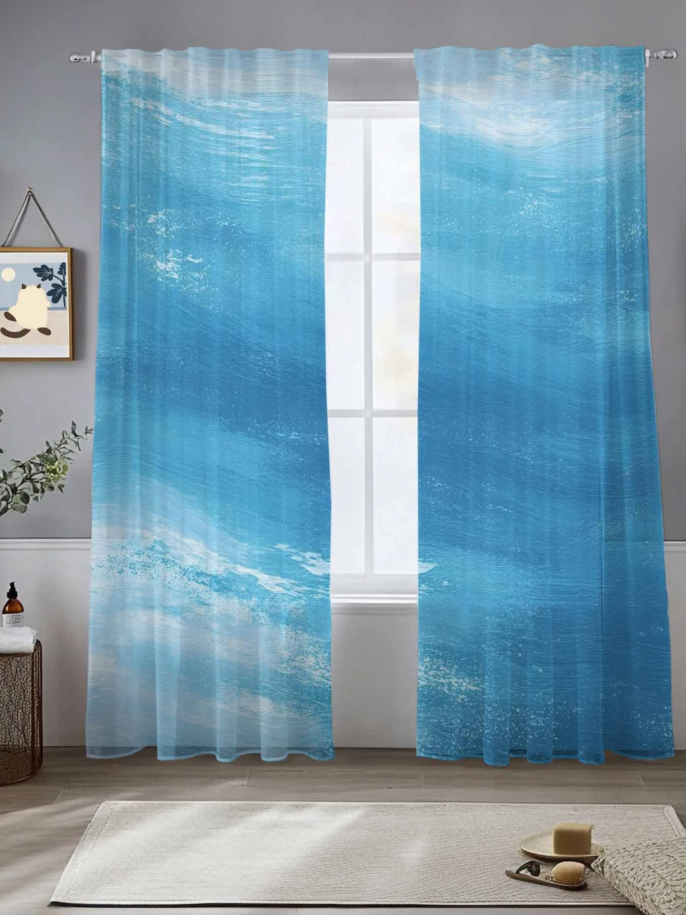 Abstract Art Sheer Curtains 96 Inches Long 2 Panels Modern Ocean Waves ...