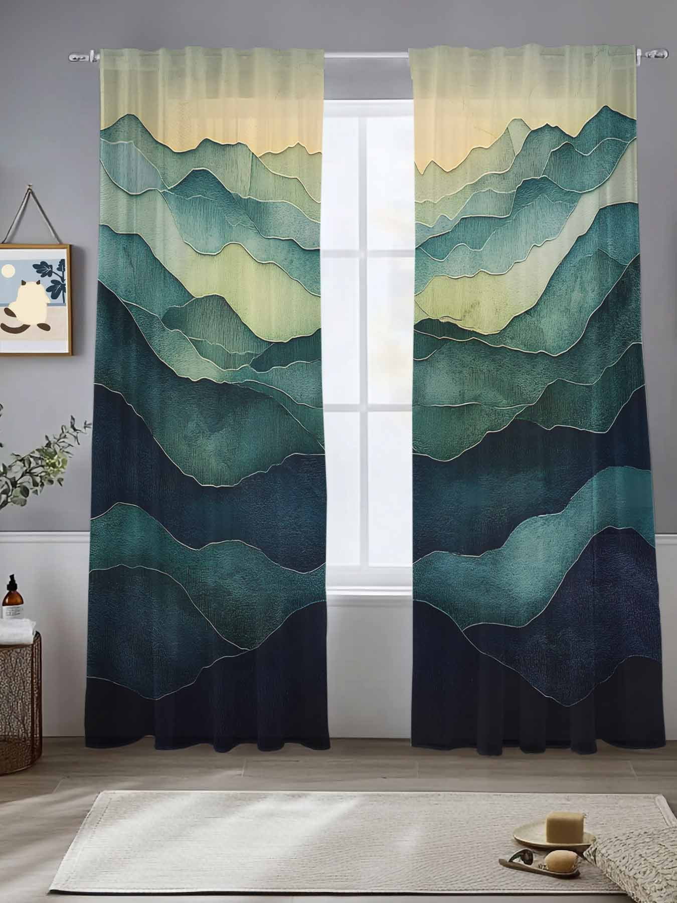 Abstract Art Sheer Curtains 96 Inches Long 2 Panels Modernism Green ...