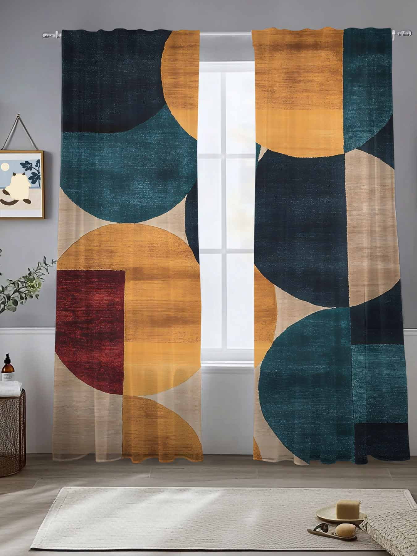 Abstract Art Sheer Curtains 96 Inches Long 2 Panels Yellow Blue Color ...