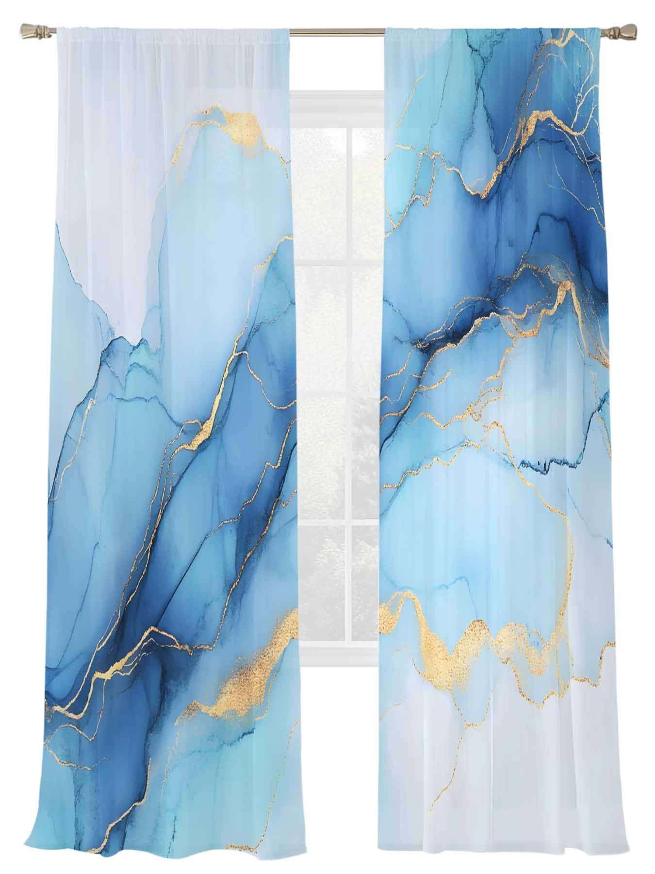 Abstract Art Sheer Curtains 96 inches Long, Teal Gold Gradient Marble ...