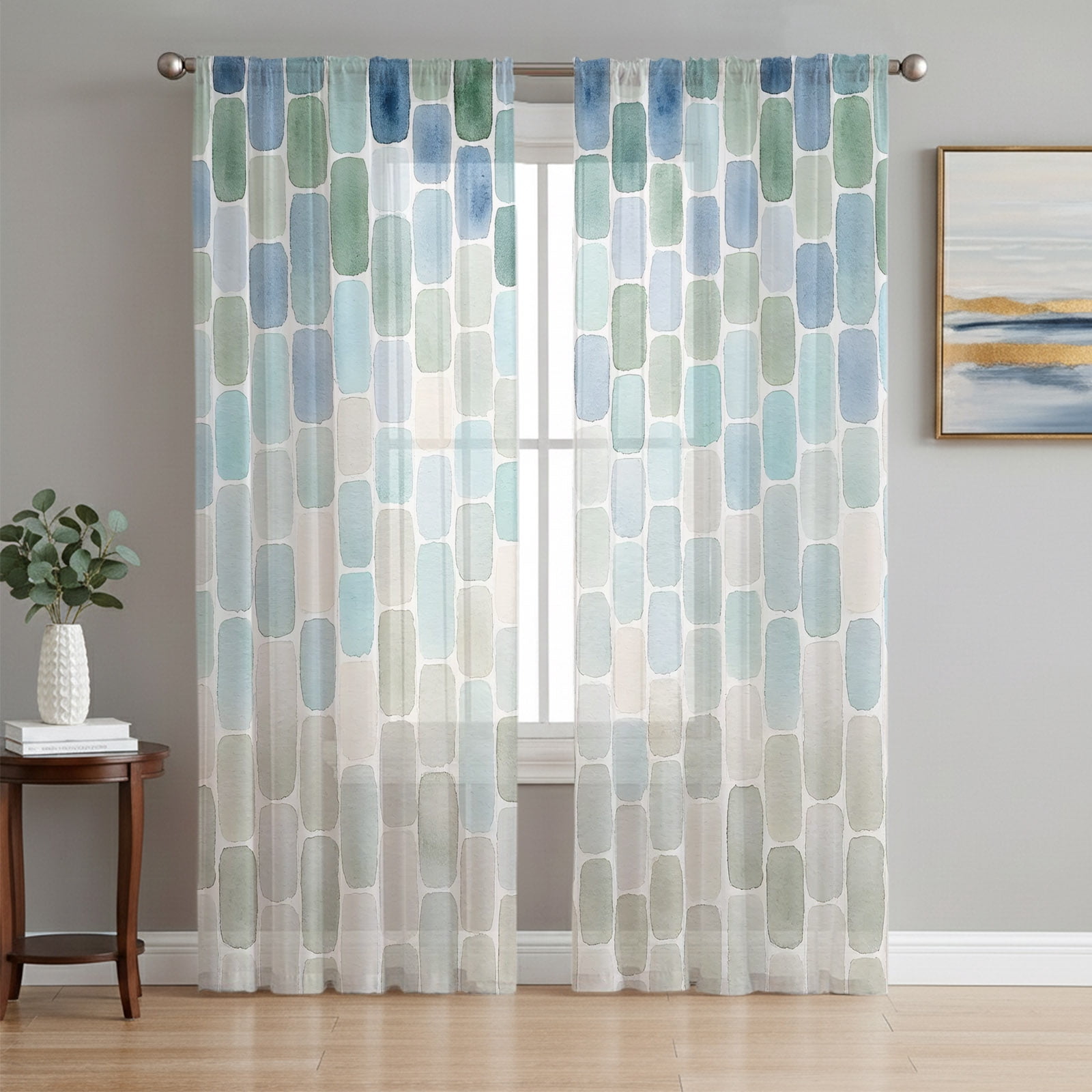 Abstract Art Sheer Curtains for Living Room Bedroom, Blue Green ...