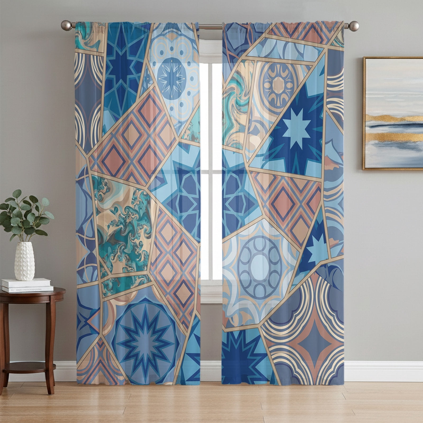 Abstract Art Sheer Curtains for Living Room Bedroom, Orange Blue ...