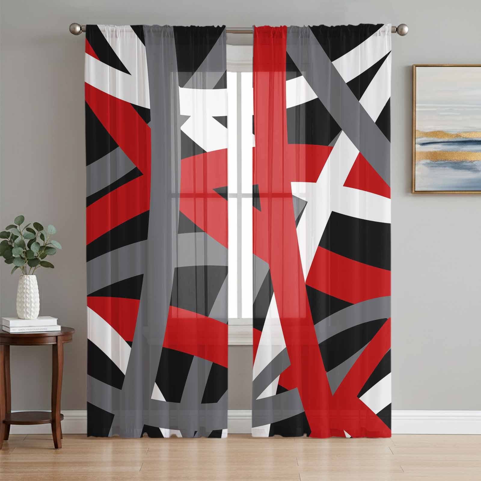 Abstract Art Sheer Curtains for Living Room Bedroom, Red White Black ...