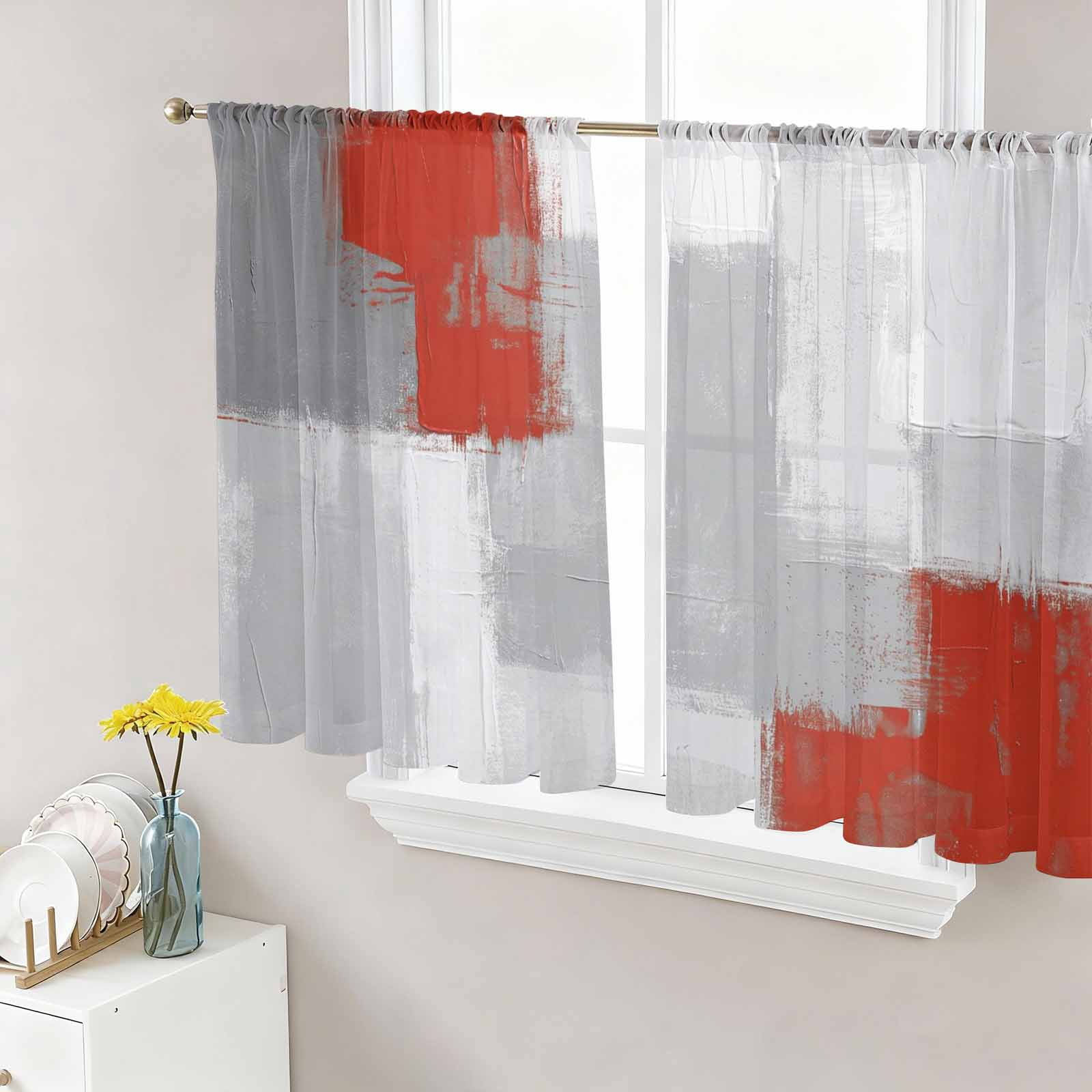 Abstract Art Sheer Curtains for Living Room Bedroom, Retro Red Grey ...
