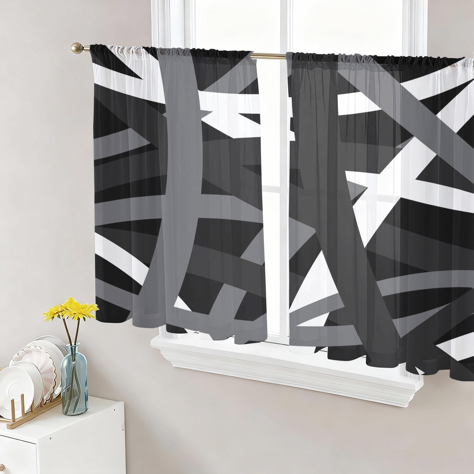 Abstract Art Sheer Curtains for Living Room Bedroom, White Black Gray ...