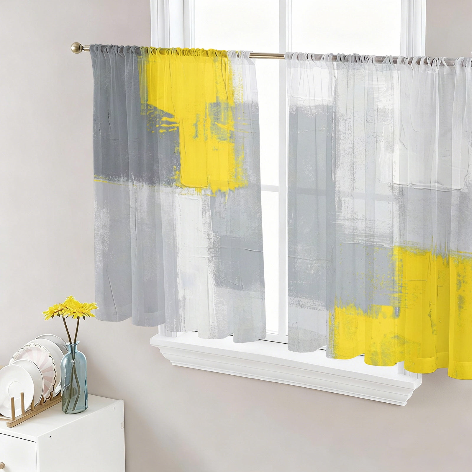 Abstract Art Sheer Curtains for Living Room Bedroom, Yellow Grey ...