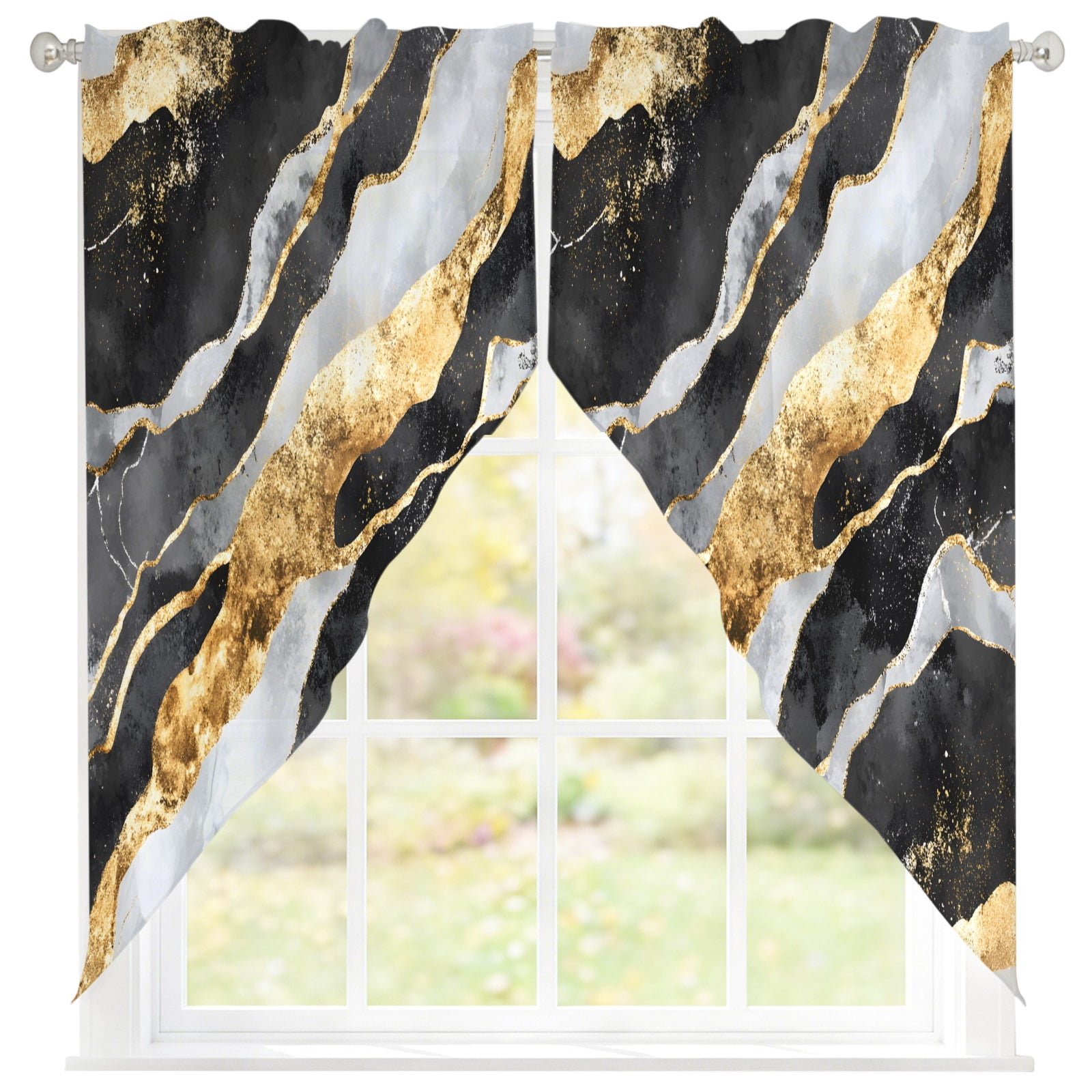 Abstract Art Sheer Curtains Swag Valances for Windows Black Gold ...