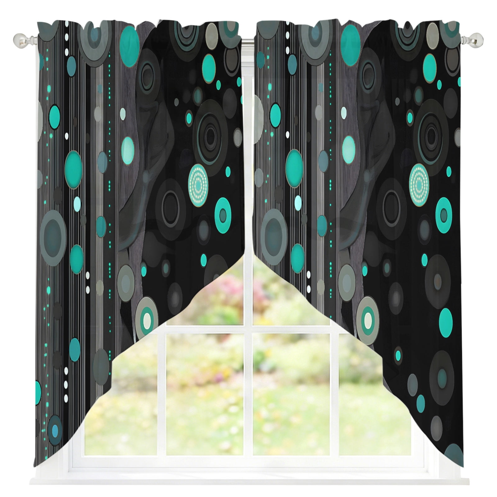 Abstract Art Sheer Curtains Swag Valances for Windows Black Teal Dot ...