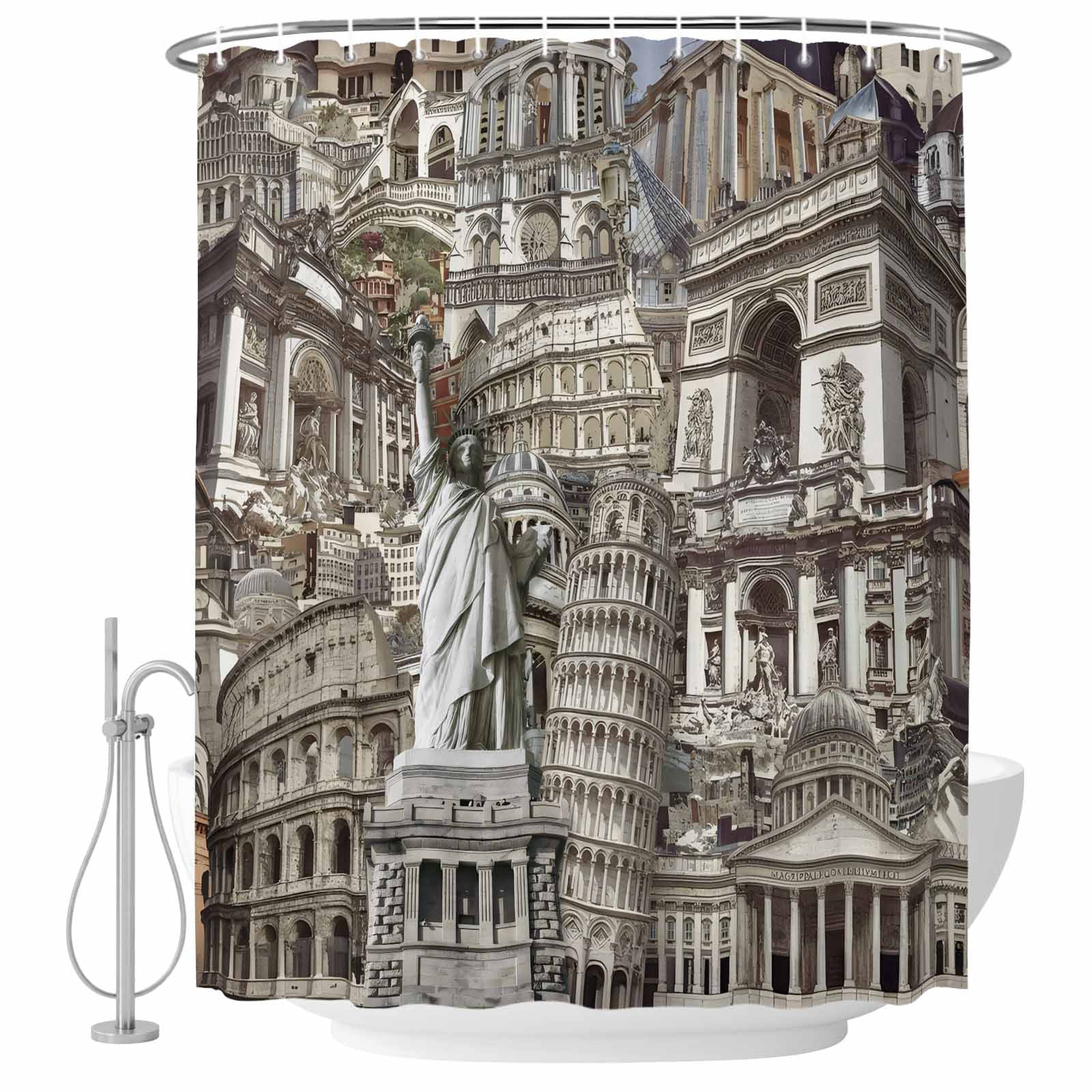 Abstract Art Shower Curtain, 72"x72", Classical World-famous Buildings ...
