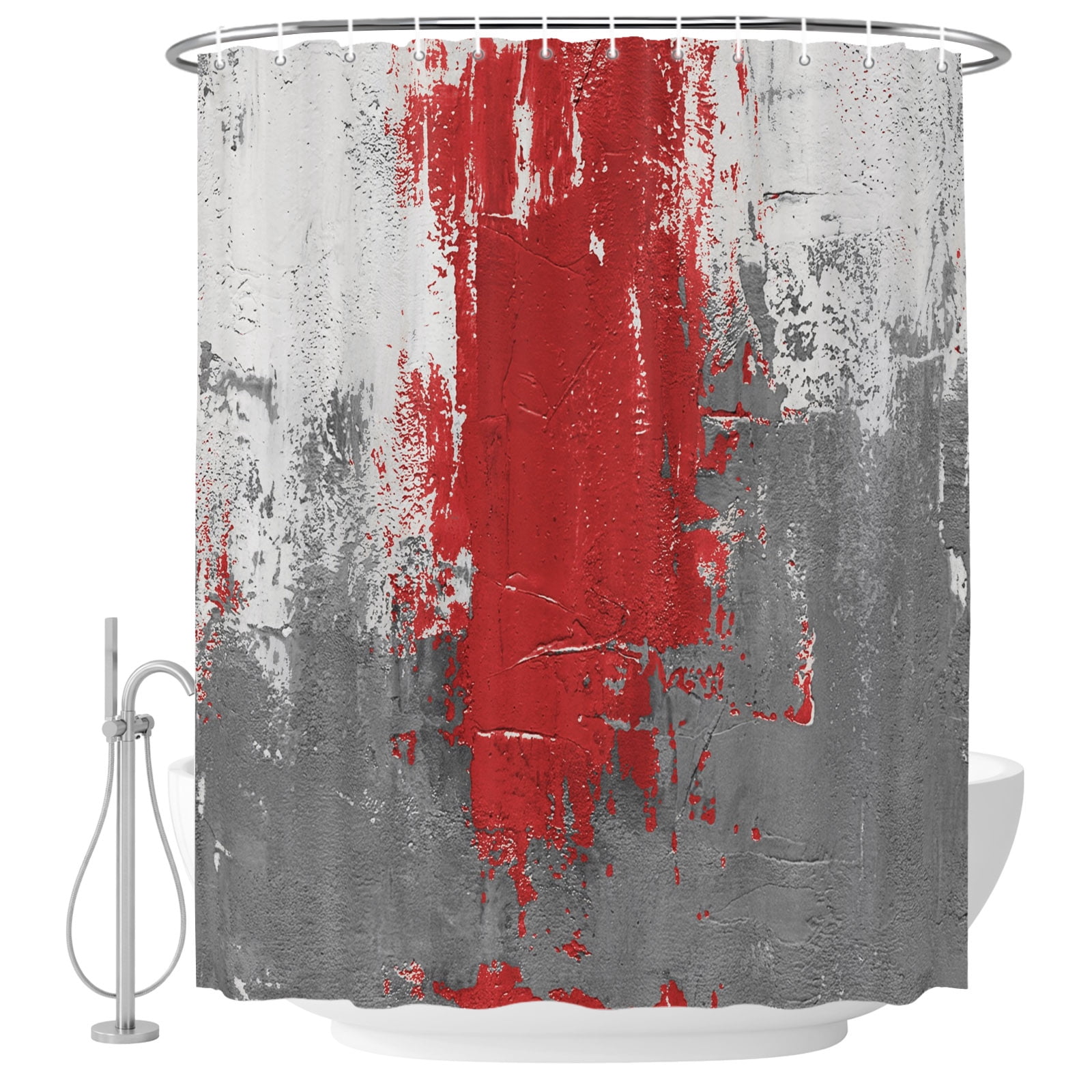 Abstract Art Shower Curtain for Bathroom, Red Grey Wall Mottled Texture ...
