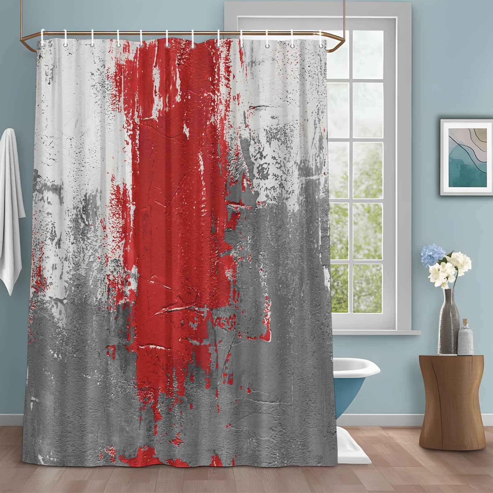 Abstract Art Shower Curtain with Hooks, Red Grey Wall Mottled Texture ...