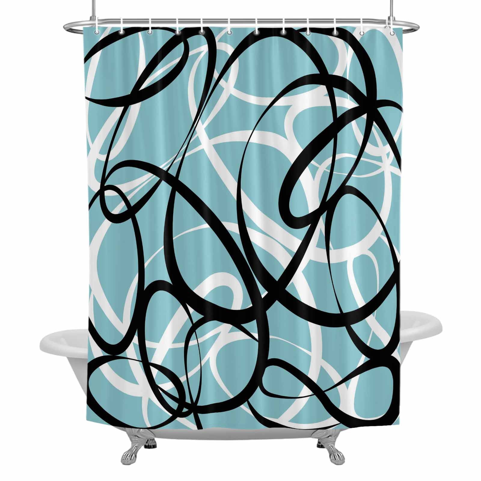 Abstract Art Shower Curtain, Modern Teal Black Circle Lines Waterproof ...
