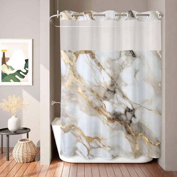 Abstract Art Shower Curtain, White Marble Texture Gold Crack Stone ...